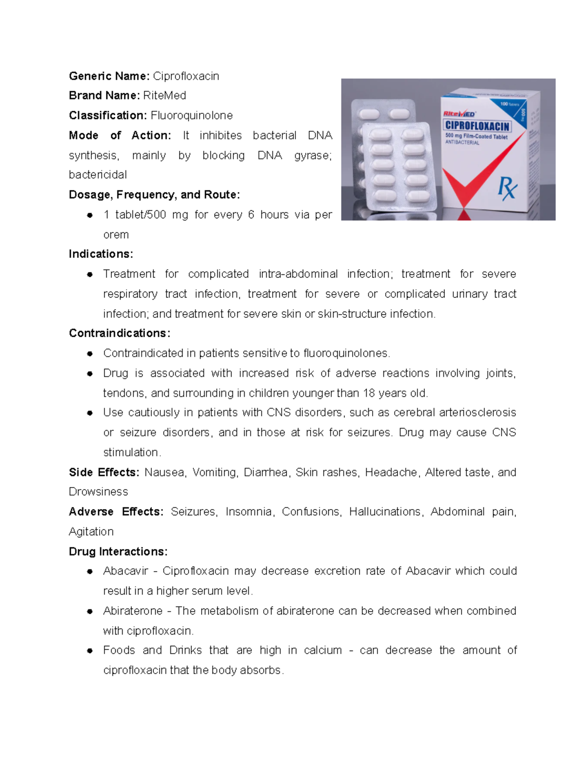 2ND Drug Study - Timon - Generic Name: Ciprofloxacin Brand Name ...