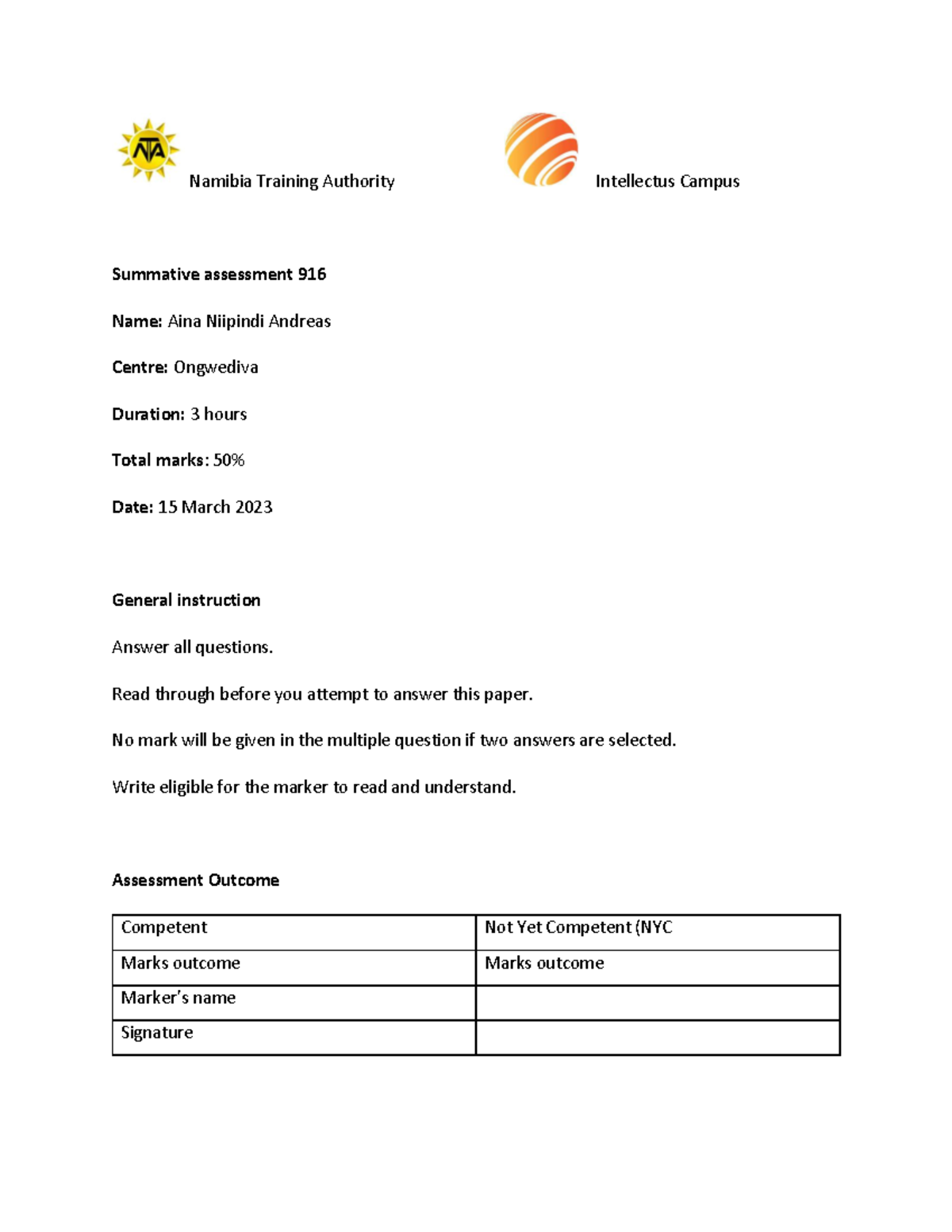 Summative assessment Unit Standard 916 - Namibia Training Authority ...