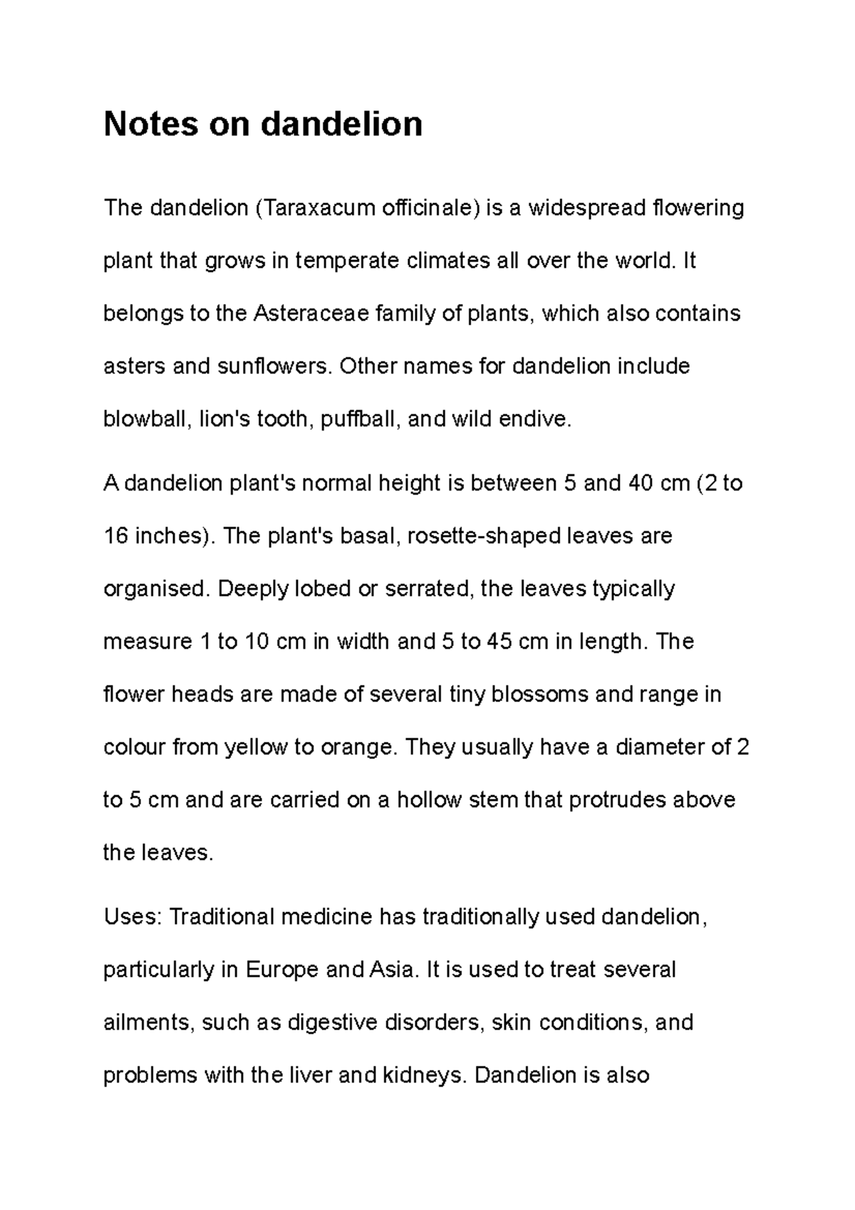 Notes on dandelion - Notes on dandelion The dandelion (Taraxacum ...