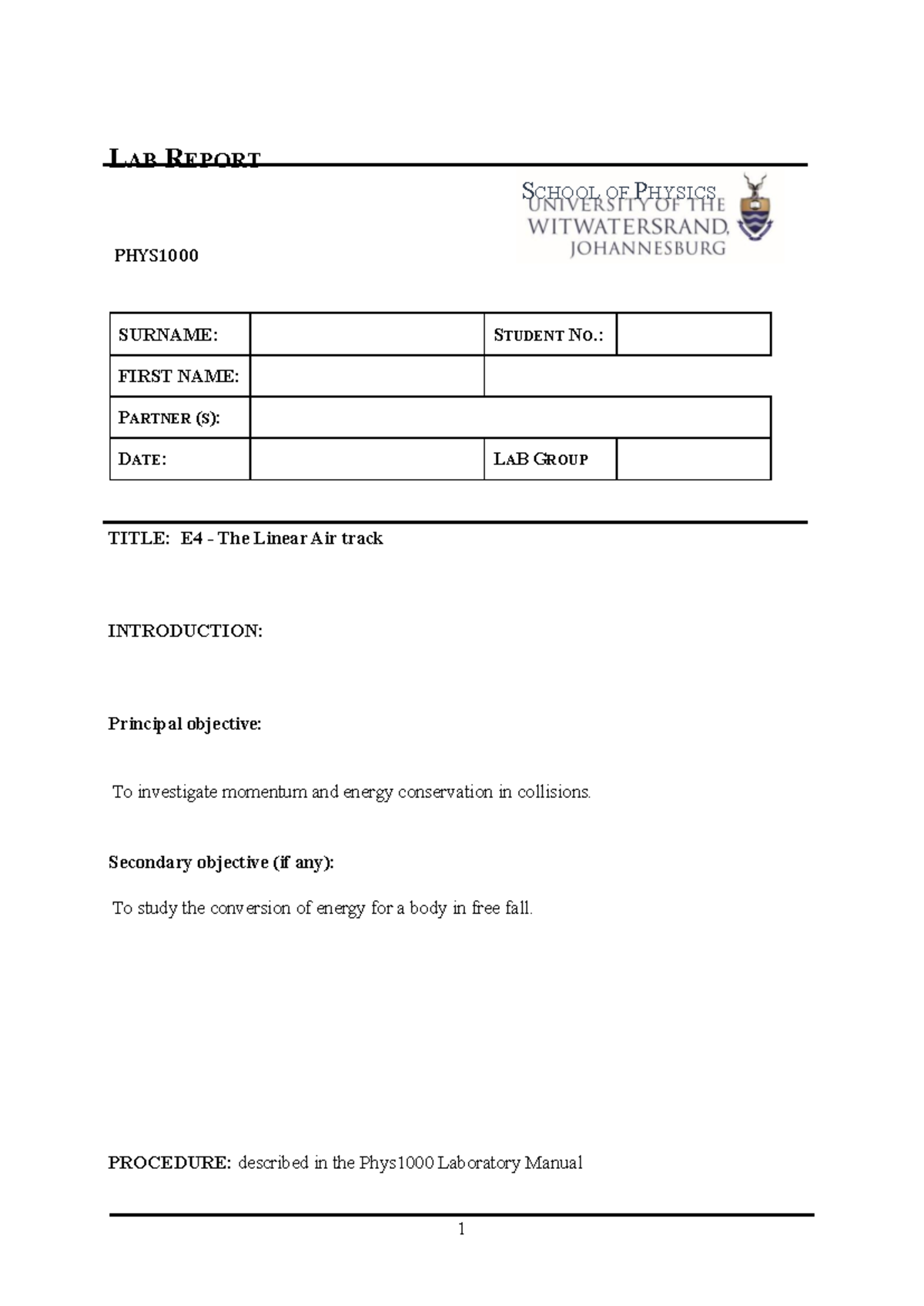 Exp 04 Linear Air Track - Write up for lab 4. - LAB REPORT SCHOOL OF ...