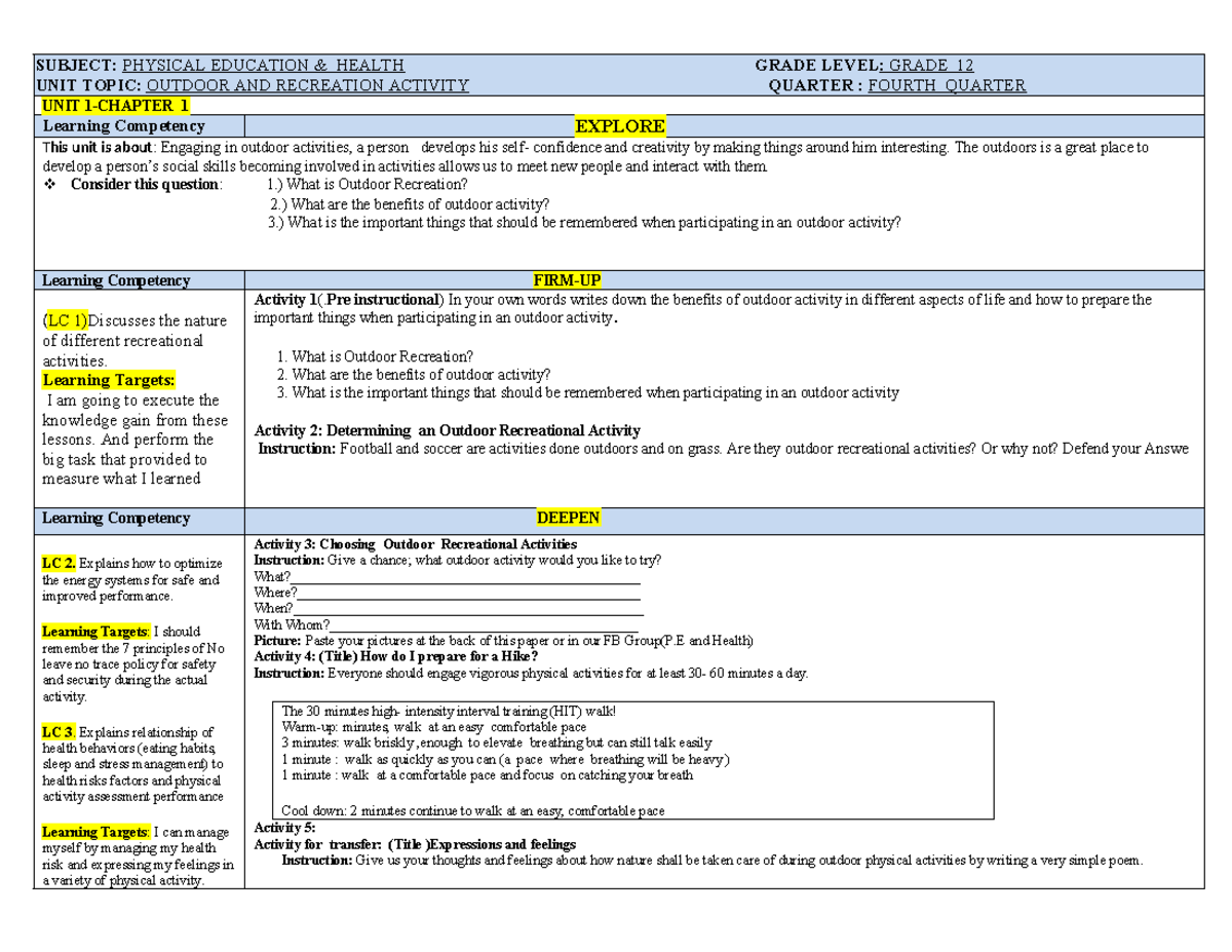 Learning plan in Physical education 2nd sem - SUBJECT: PHYSICAL ...