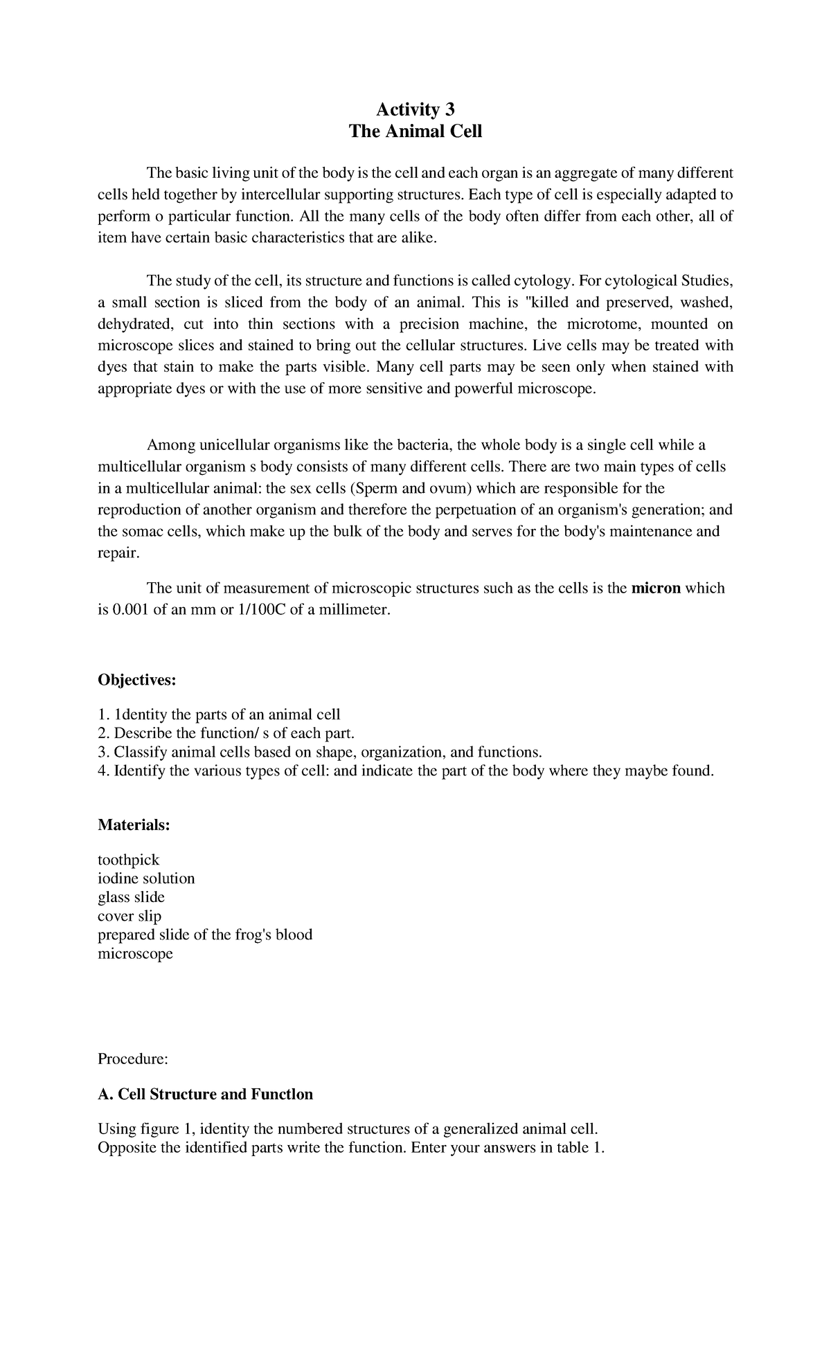 Activity 3 Animal CELL - Activity 3 The Animal Cell The basic living ...