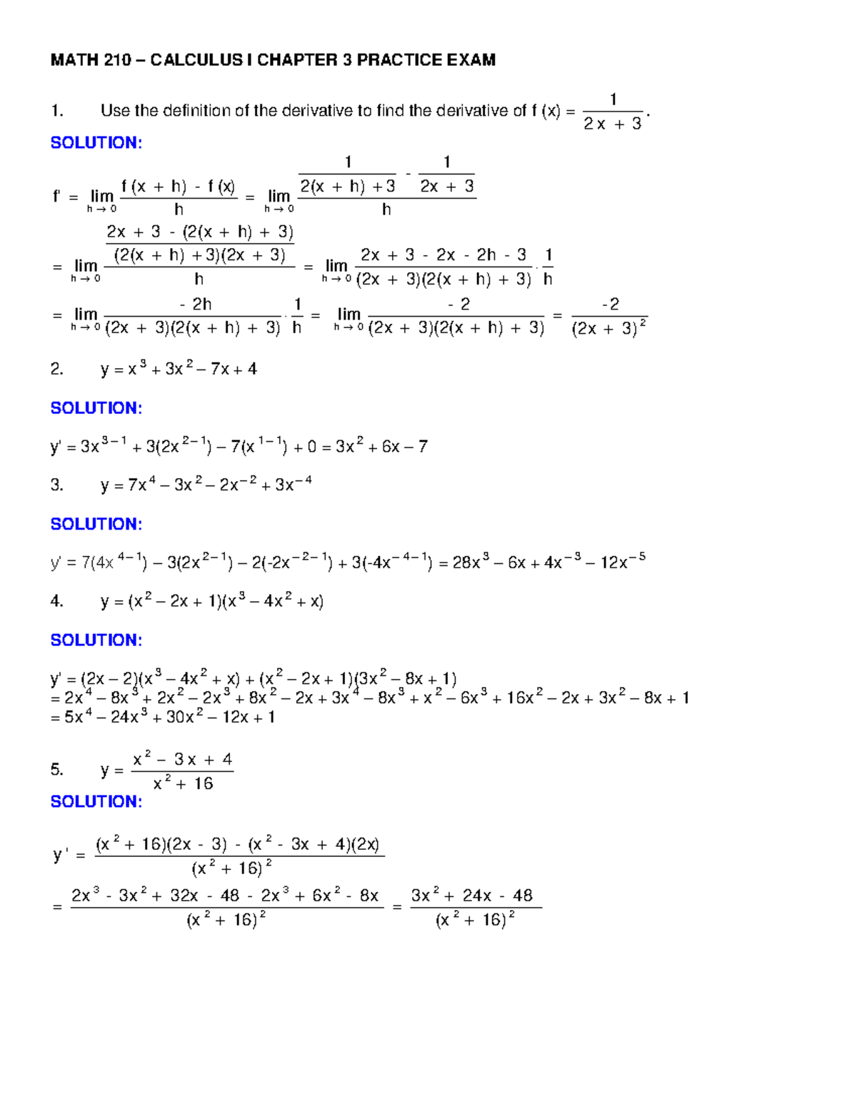 MAT 210 - Calculus I chapter 3 practice exam solutions - MATH 210 ...