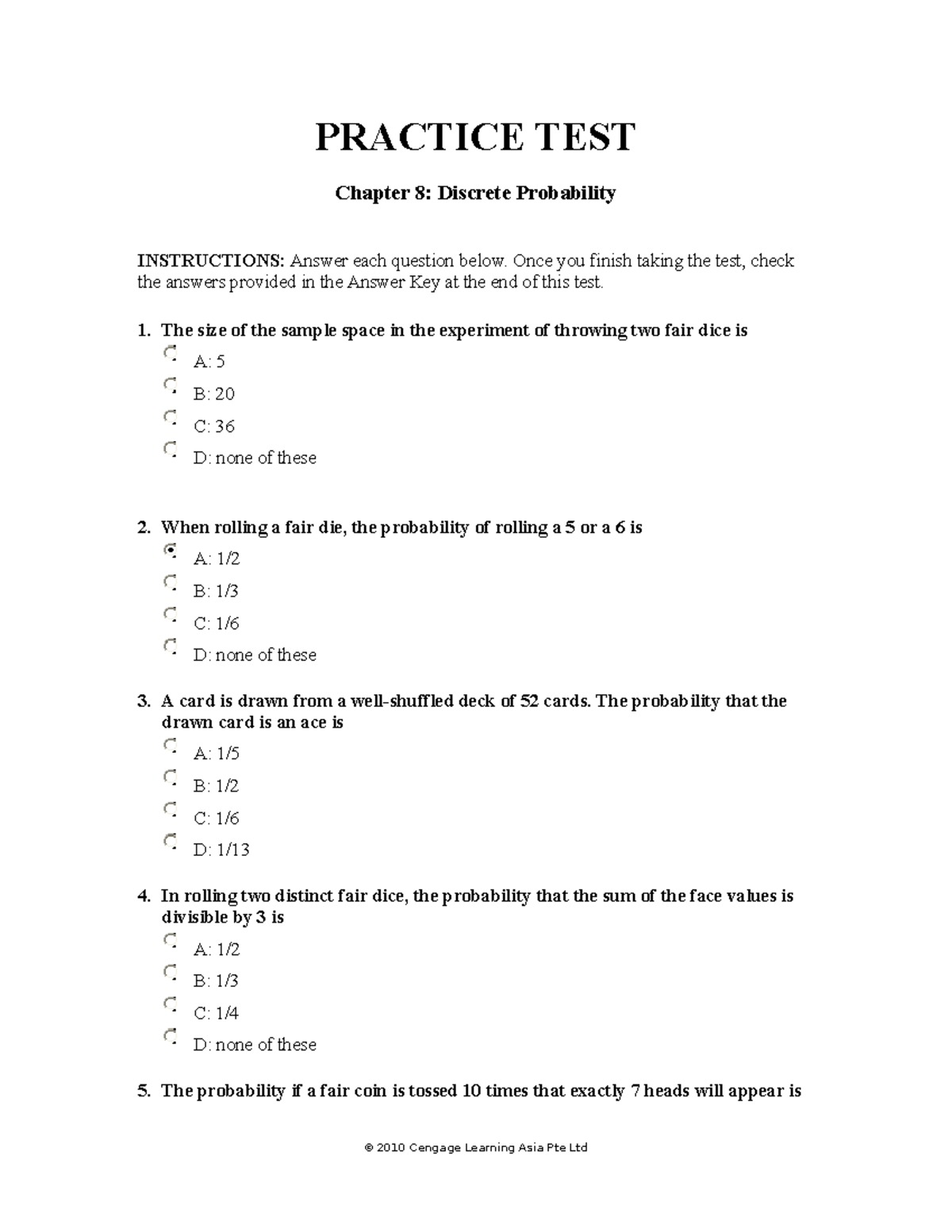 Chapter 8 Practice Test - PRACTICE TEST Chapter 8: Discrete Probability ...