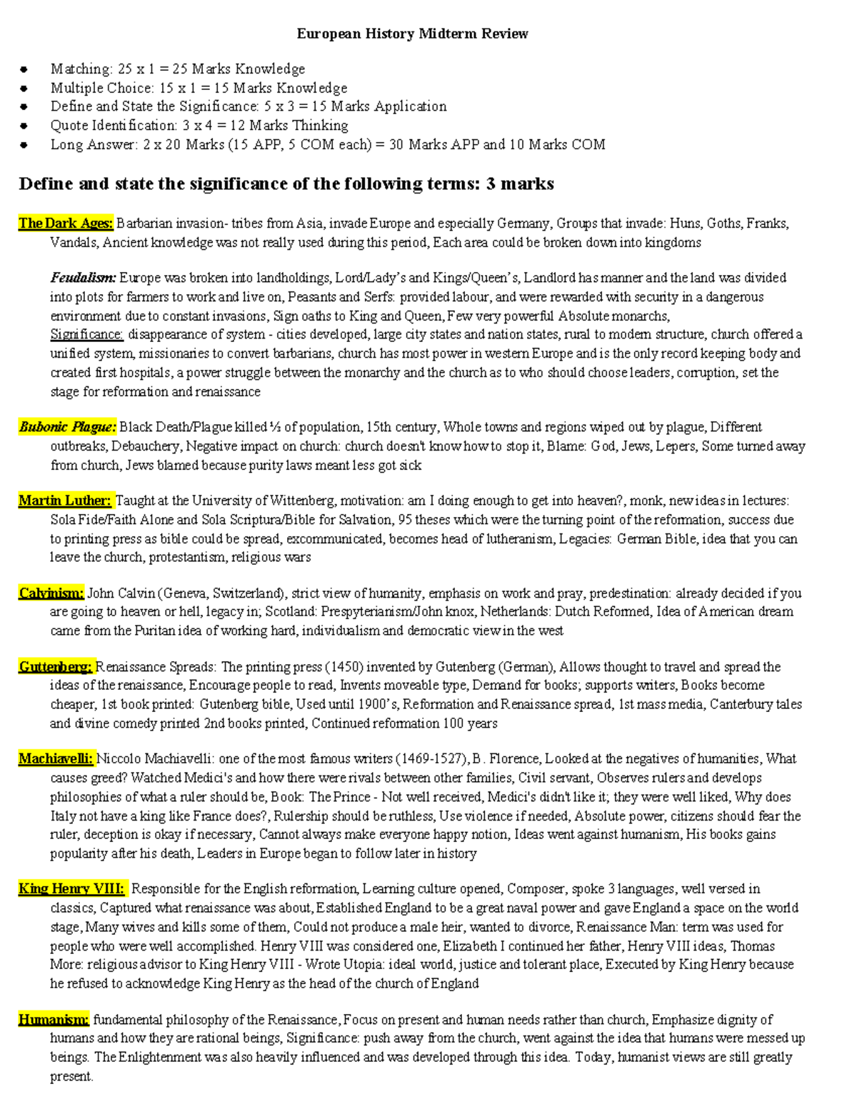 History Midterm - notes - European History Midterm Review Matching: 25 ...