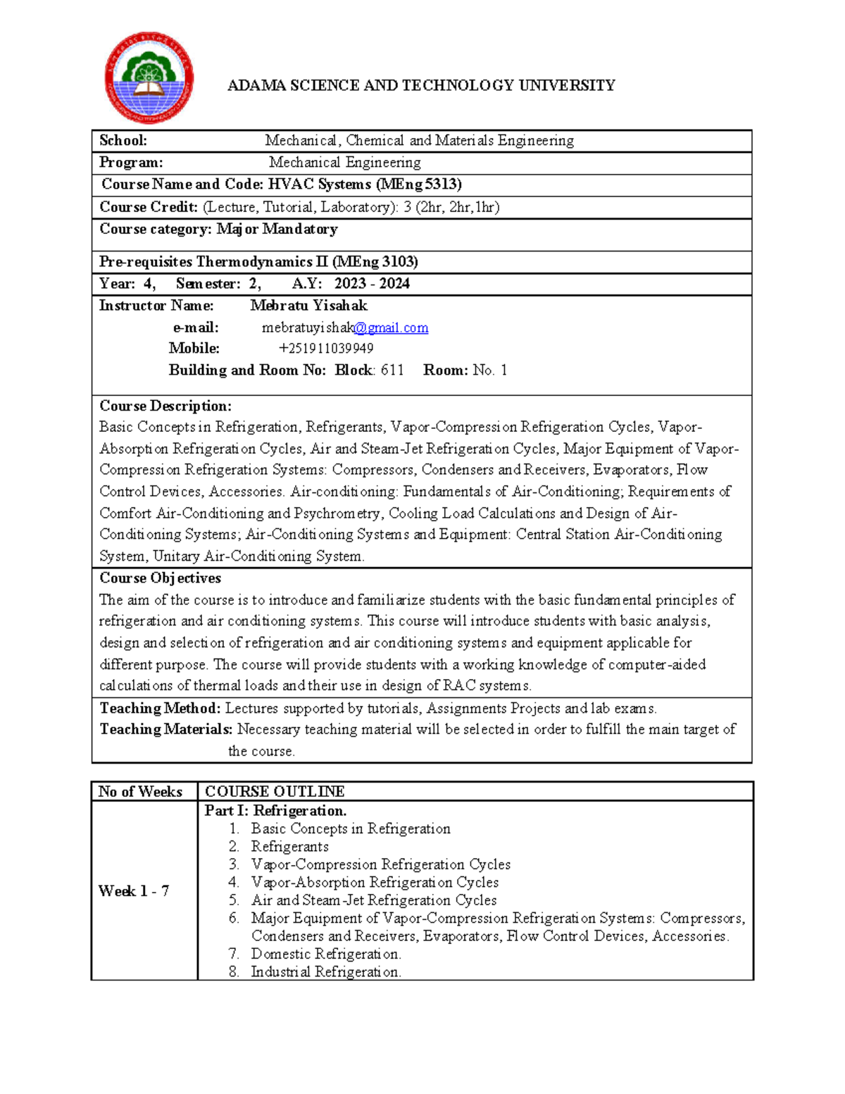 HVAC systems (MEng 5313) - ADAMA SCIENCE AND TECHNOLOGY UNIVERSITY School: Mechanical, Chemical ...