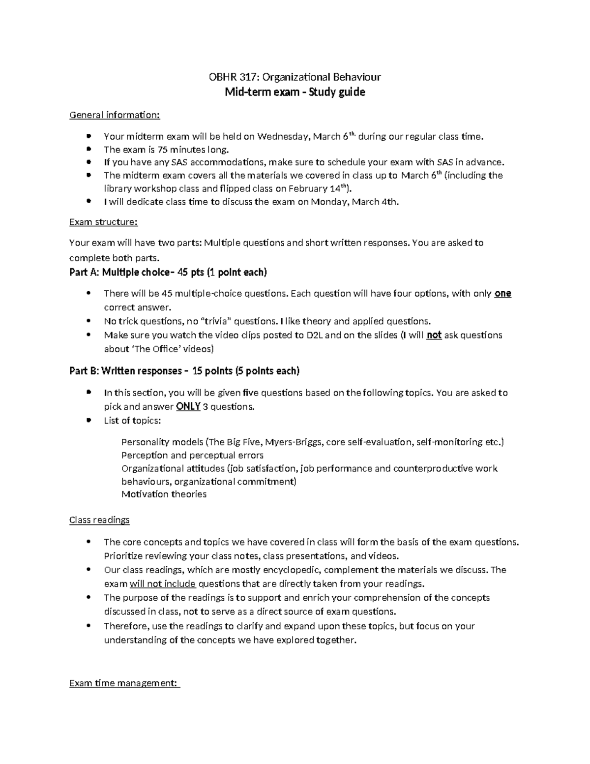 Study guide Midterm Winter 2024 - OBHR 317: Organizational Behaviour Mid-term exam - Study guide ...