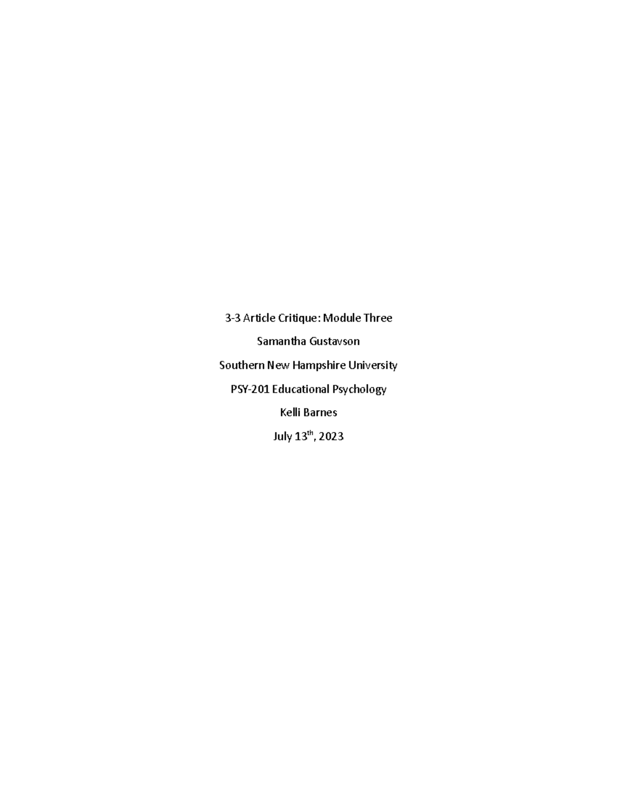 Module 3 Article Critique - 3-3 Article Critique: Module Three Samantha ...