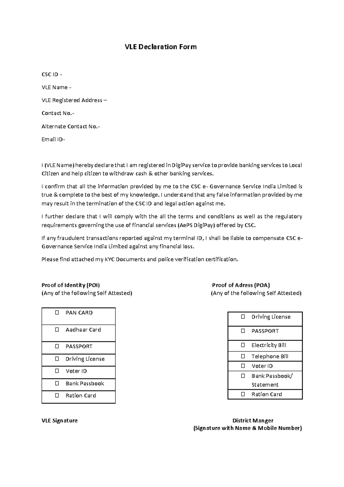 Notary Declartaion Form Digipay - VLE Declaration Form CSC ID - VLE ...