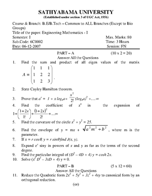 Maths 1 - yyyyy - Engineering Mathematics - SIST - Studocu