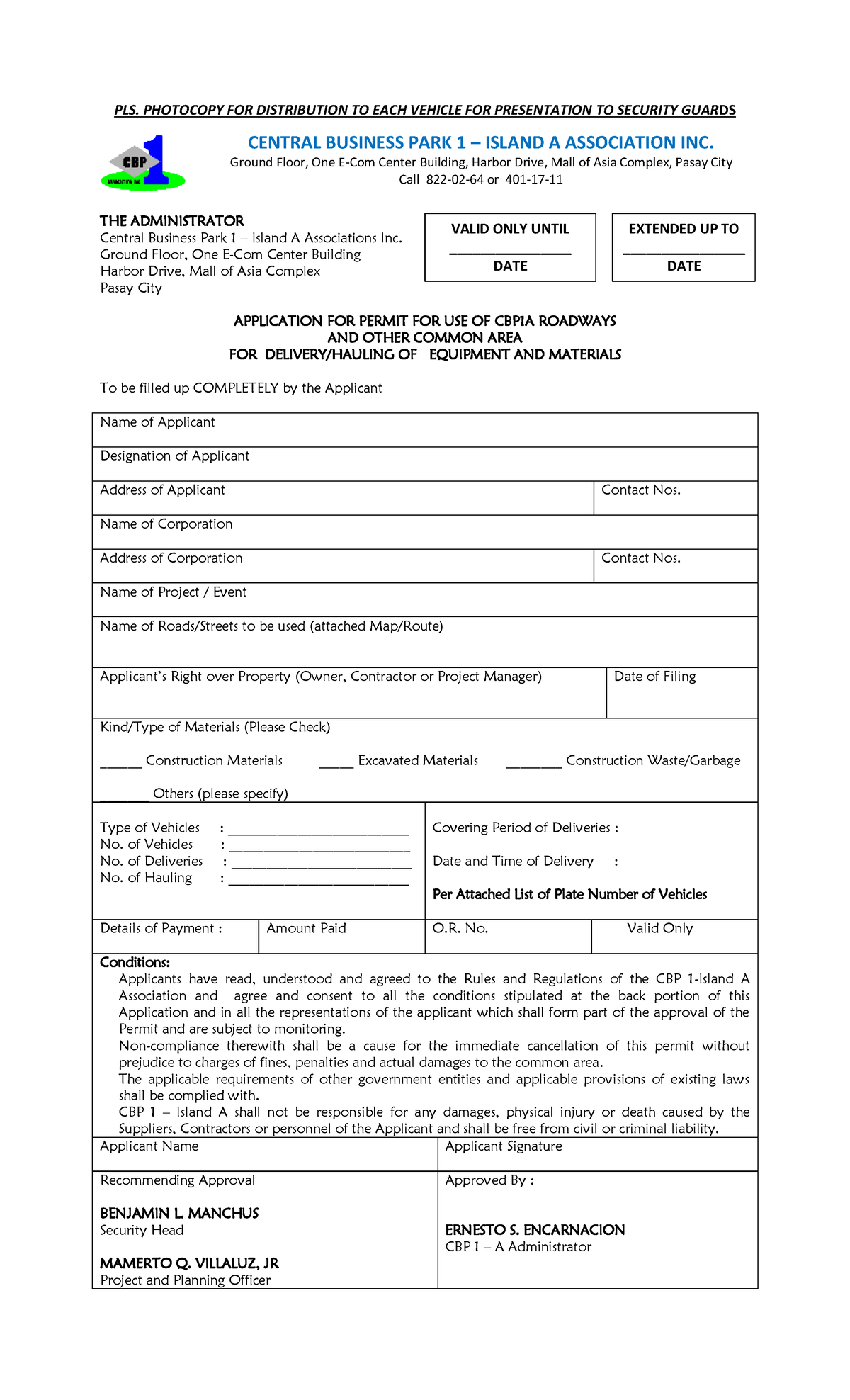 CBP - Application Form for Permit Delivery and Hauling - PLS. PHOTOCOPY ...