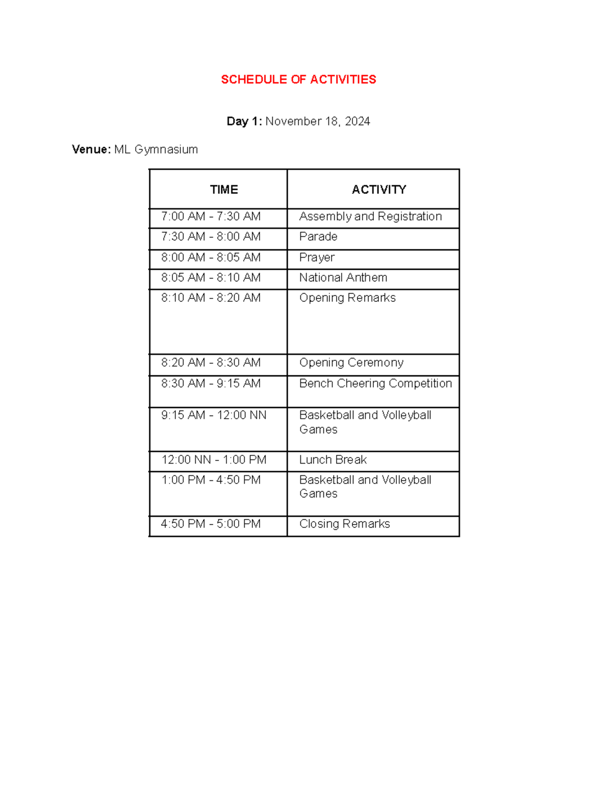 Schedule-OF- Activities - SCHEDULE OF ACTIVITIES Day 1: November 18 ...
