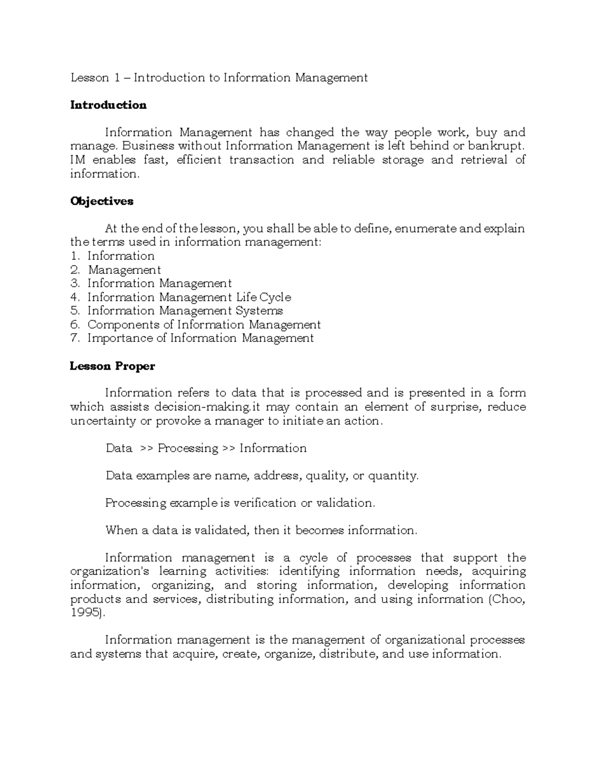 IT205 - Info Mgmt - Lesson 1 - Lesson 1 – Introduction to Information ...