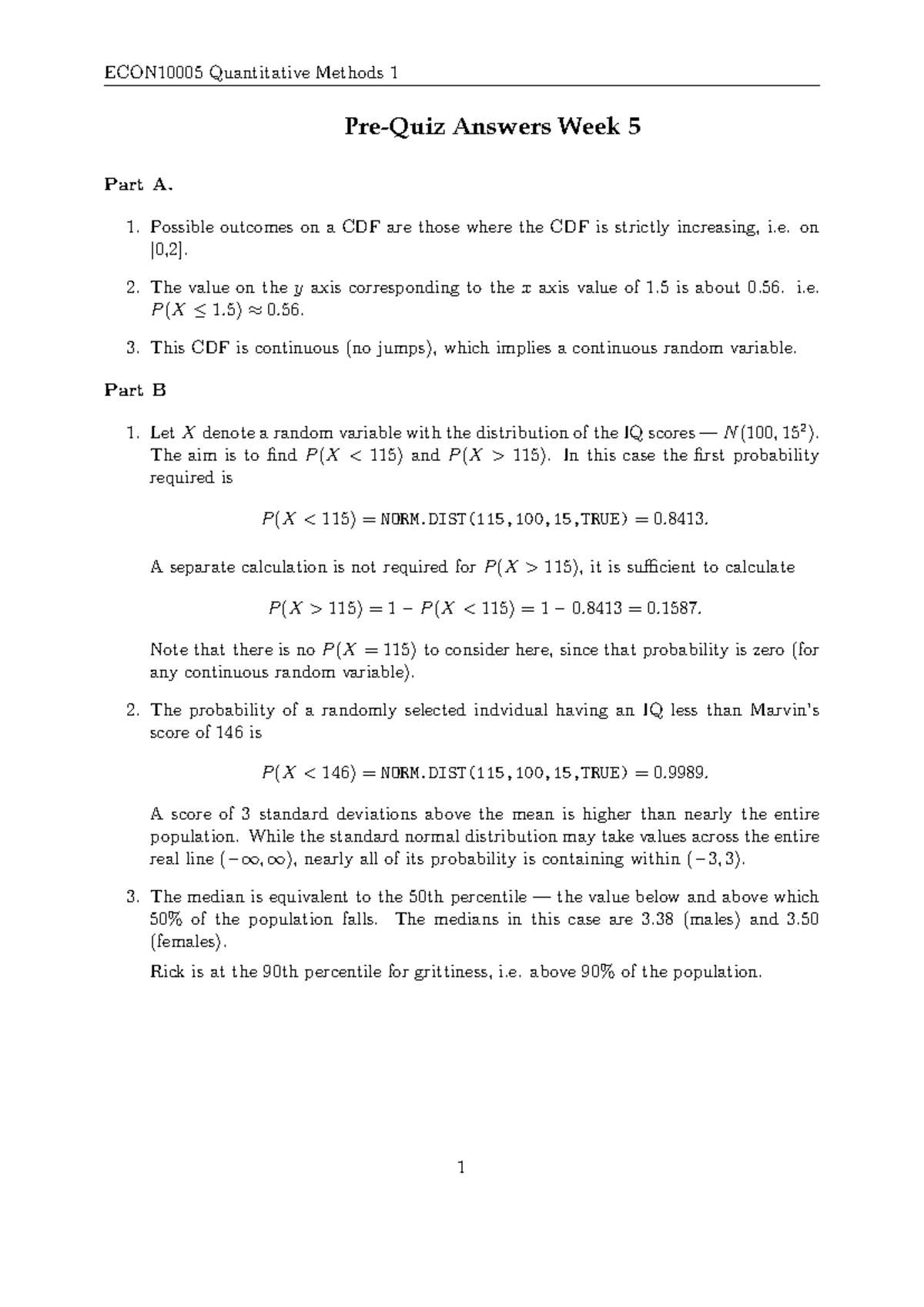 Pre Quiz Week 5answers Econ10005 Quantitative Methods 1 Pre Quiz Answers Week 5 Part A