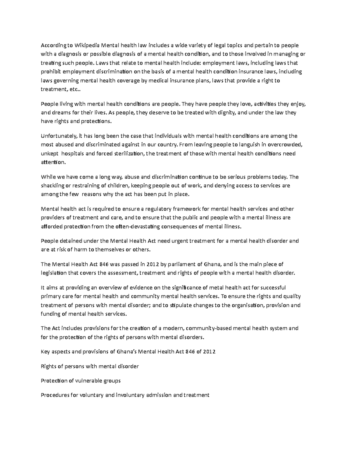 Mental Health Act According To Wikipedia Mental Health Law Includes A