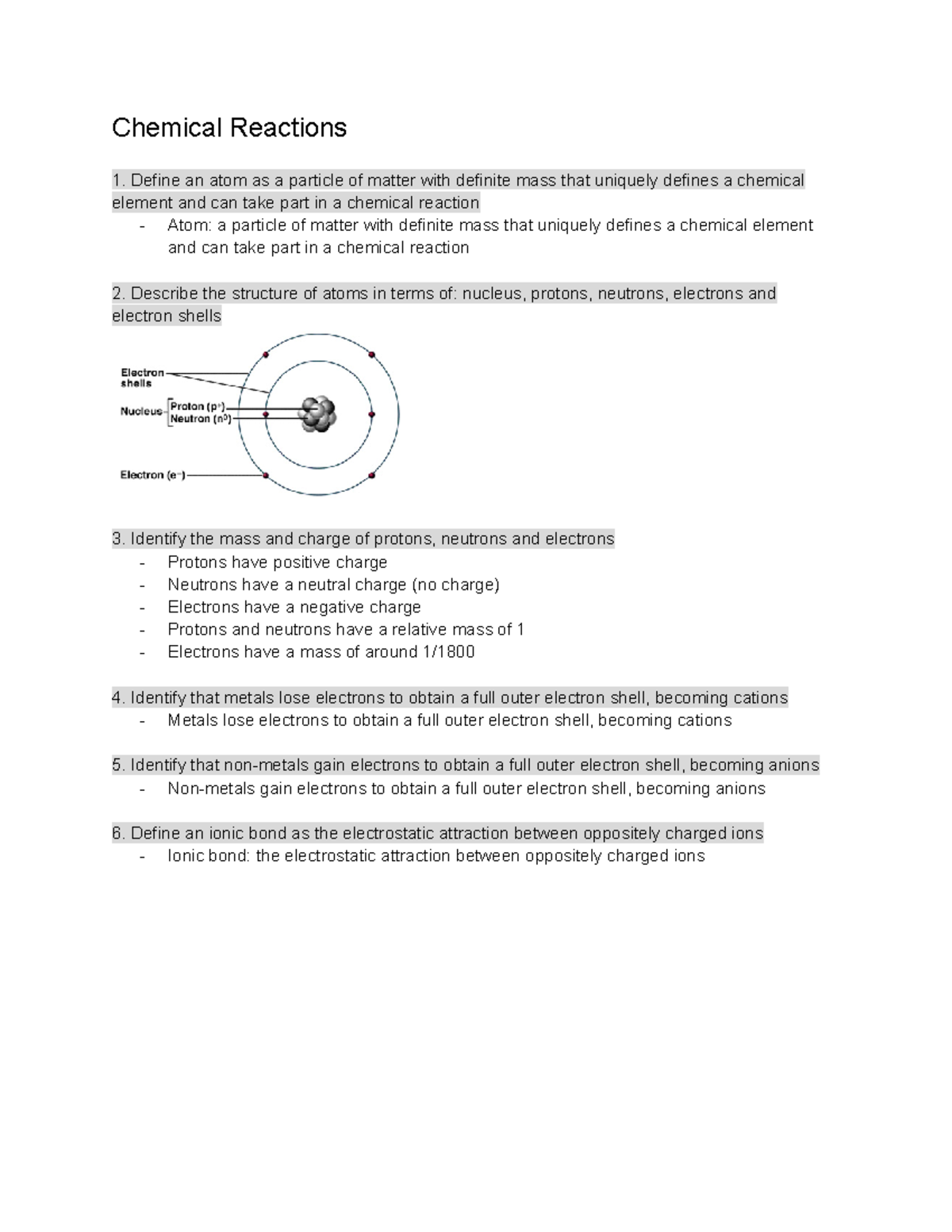 Chemical reactions science - Chemical Reactions Define an atom as a ...