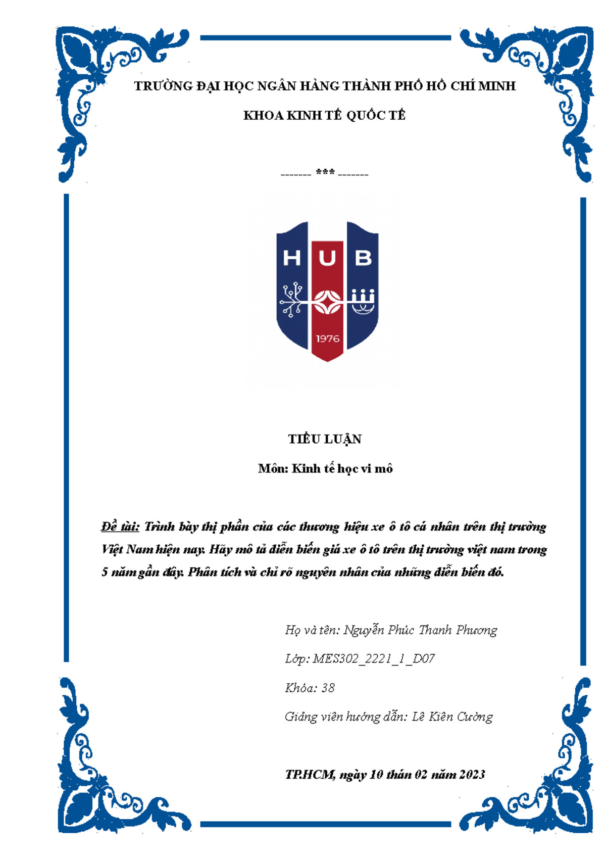 Bài tiểu luận Vi mô - kiến thức - TRƯỜNG ĐẠI HỌC NGÂN HÀNG THÀNH PHỐ HỒ ...