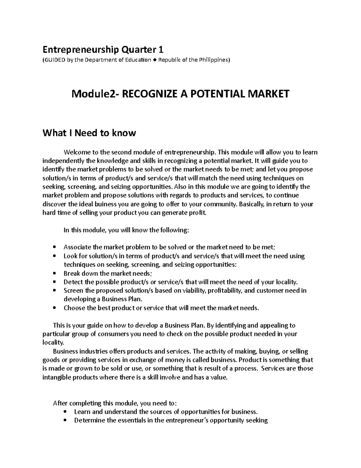 002 Entrepreneurship Q1 Module 2 Recognize A Potential Market ...