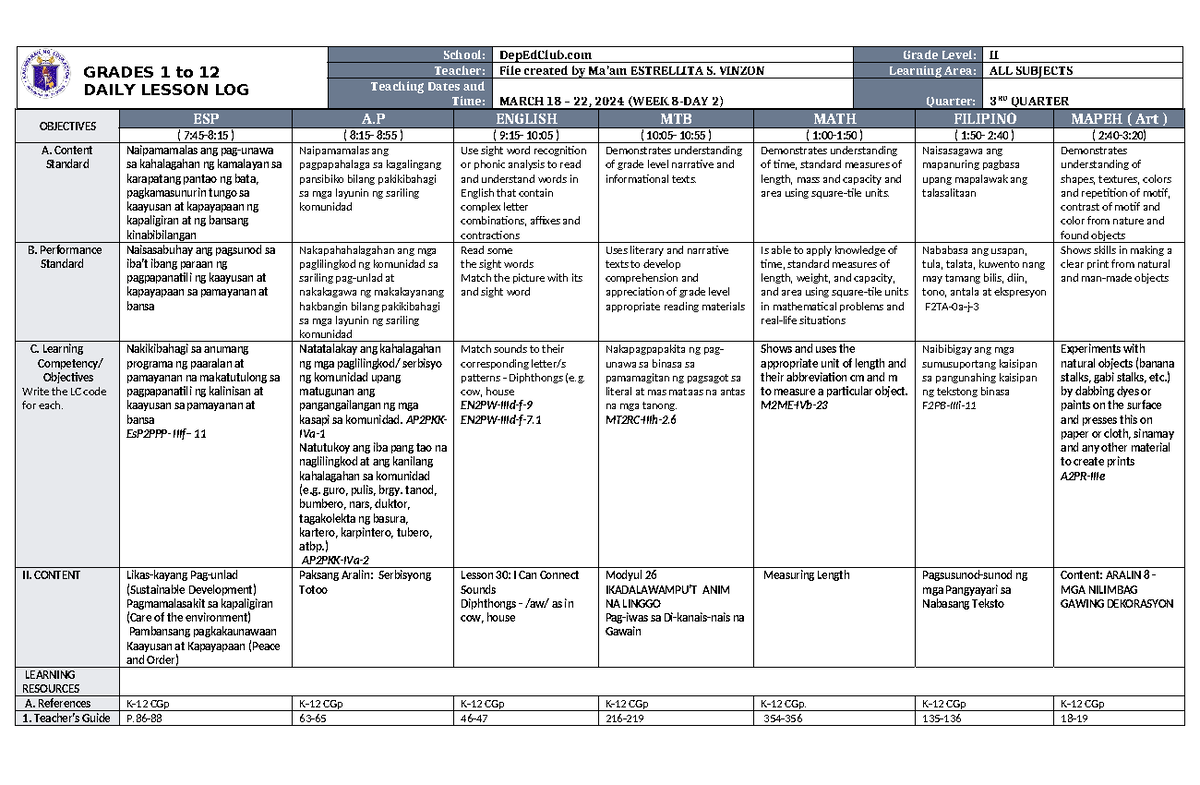 DLL ALL Subjects 2 Q3 W8 D2 - GRADES 1 to 12 DAILY LESSON LOG School: DepEdClub Grade Level: II ...