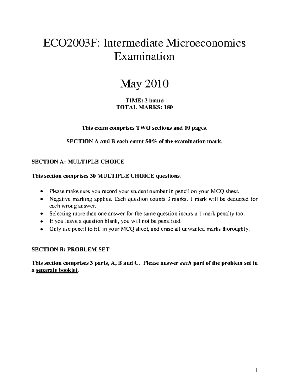 ECO2003 F 2010 Exam - Copy - ECO2003F: Intermediate Microeconomics Examination May 2010 TIME: 3 ...