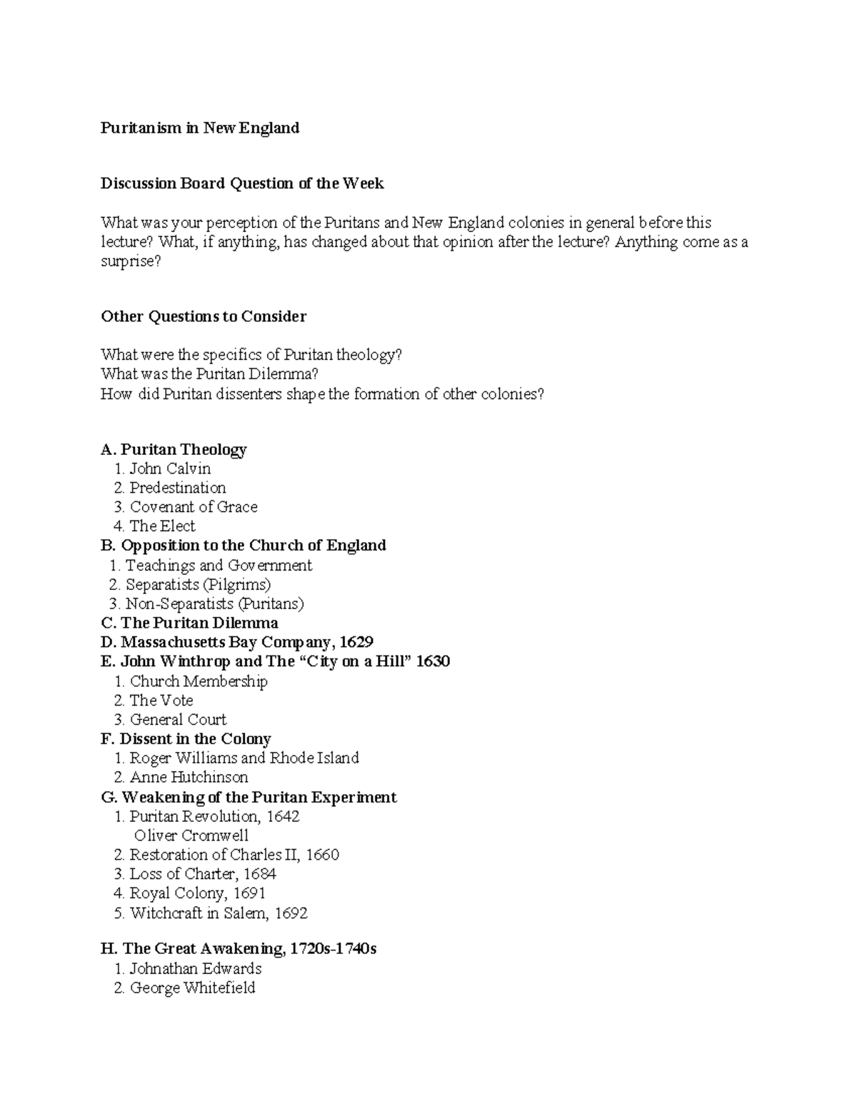 Puritanism in New England - Puritanism in New England Discussion Board ...