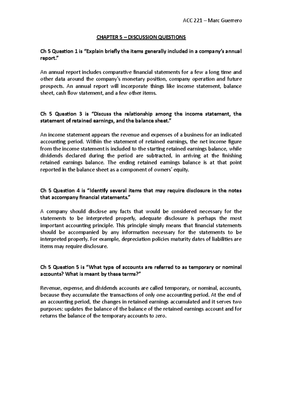 Ch5 - Discussion Questions - ACC 221 – Marc Guerrero CHAPTER 5 ...