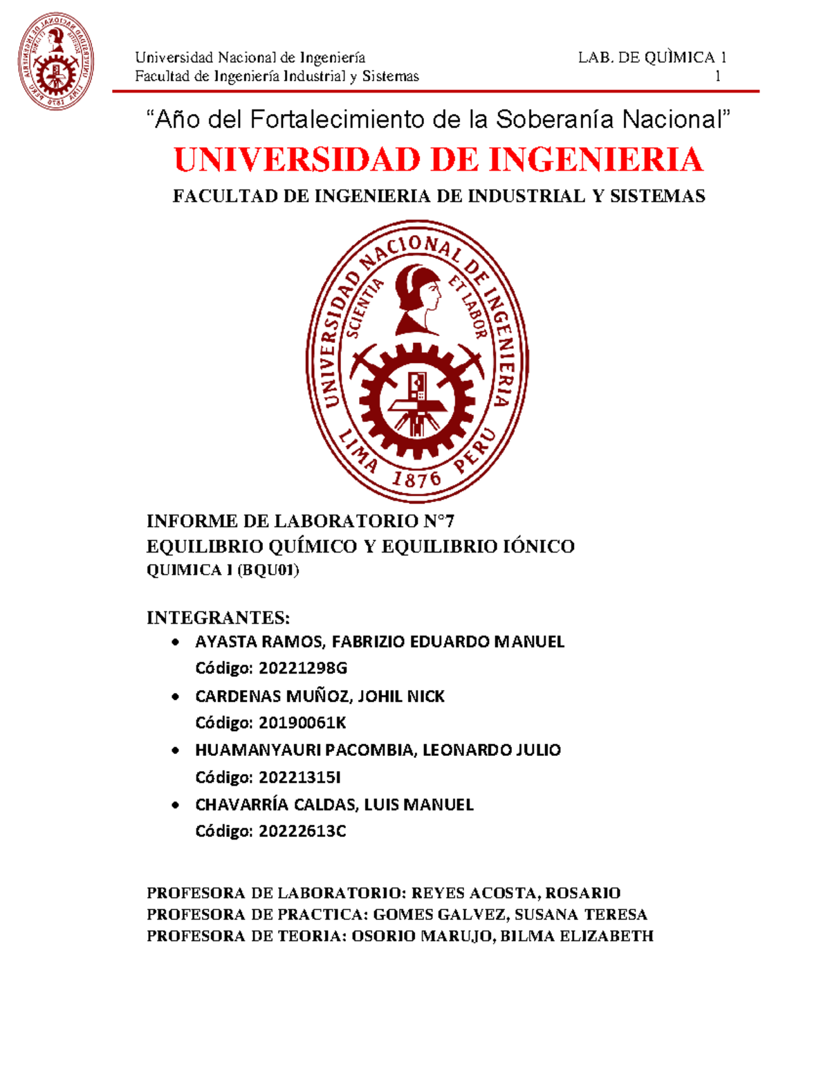 Informe De Laboratorio 7 Facultad De Ingeniería Industrial Y Sistemas