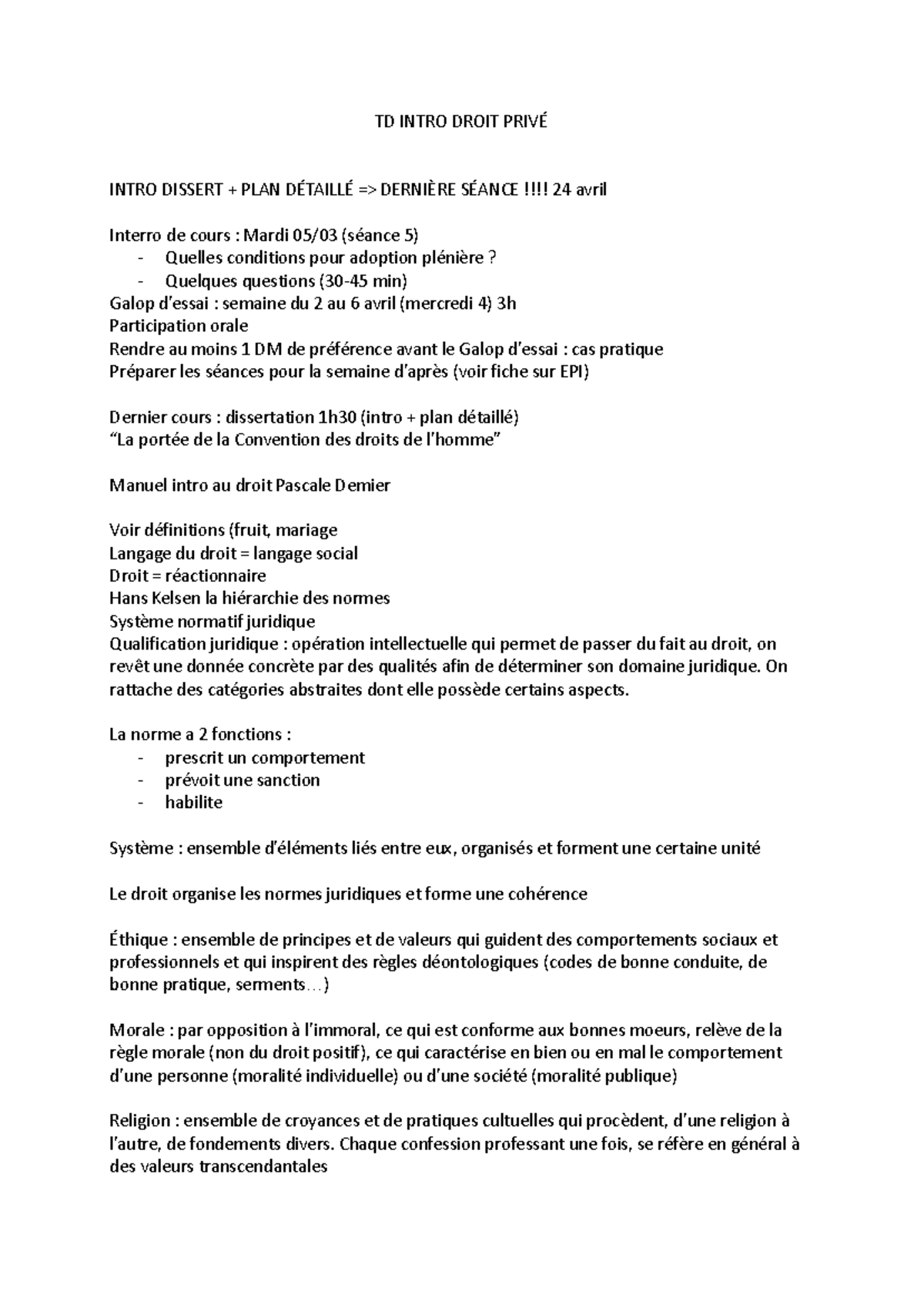 Td intro droit privé.docx - TD INTRO DROIT PRIVÉ INTRO DISSERT + PLAN DÉTAILLÉ => DERNIÈRE - Studocu