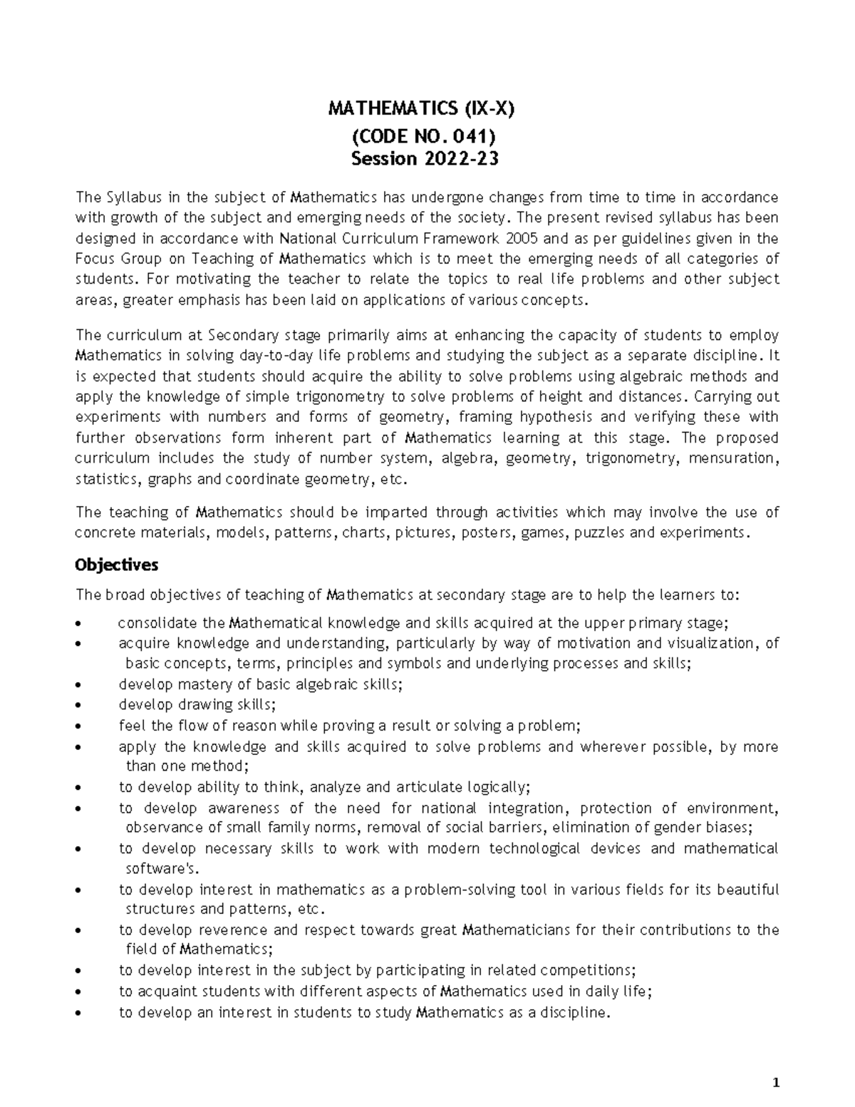 Mathematics (IX-X) - MATHEMATICS (IX-X) (CODE NO. 041) Session 2022 ...