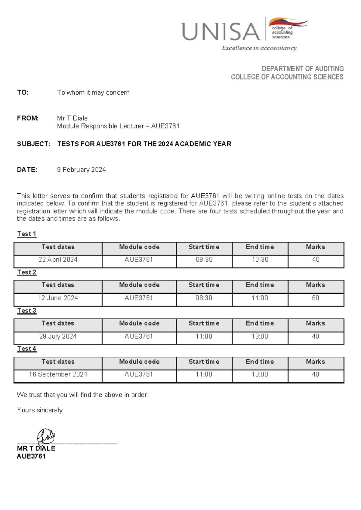 Student letter - year tests AUE3761 2024 - DEPARTMENT OF AUDITING ...