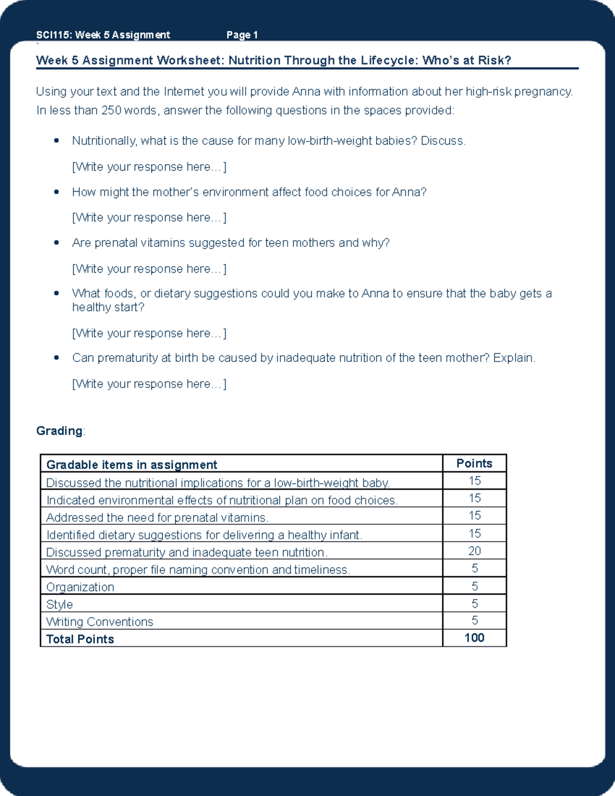 SCI115 H Wk5 Assignment Worksheet - SCI115: Week 5 Assignment Page 1 ` Week 5 Assignment ...