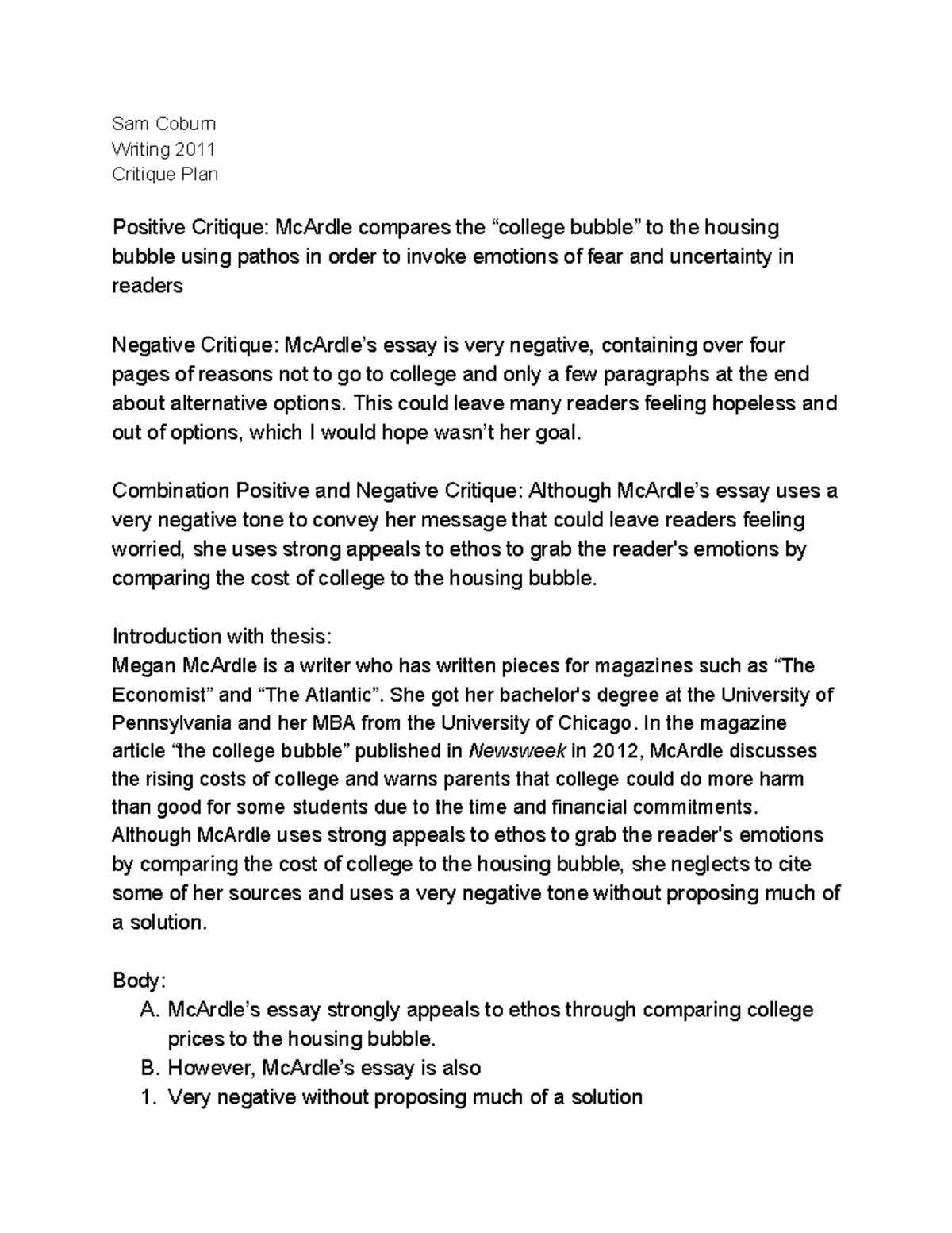 Writing Critique Plan - Dr. Clark - Sam Coburn Writing 2011 Critique ...