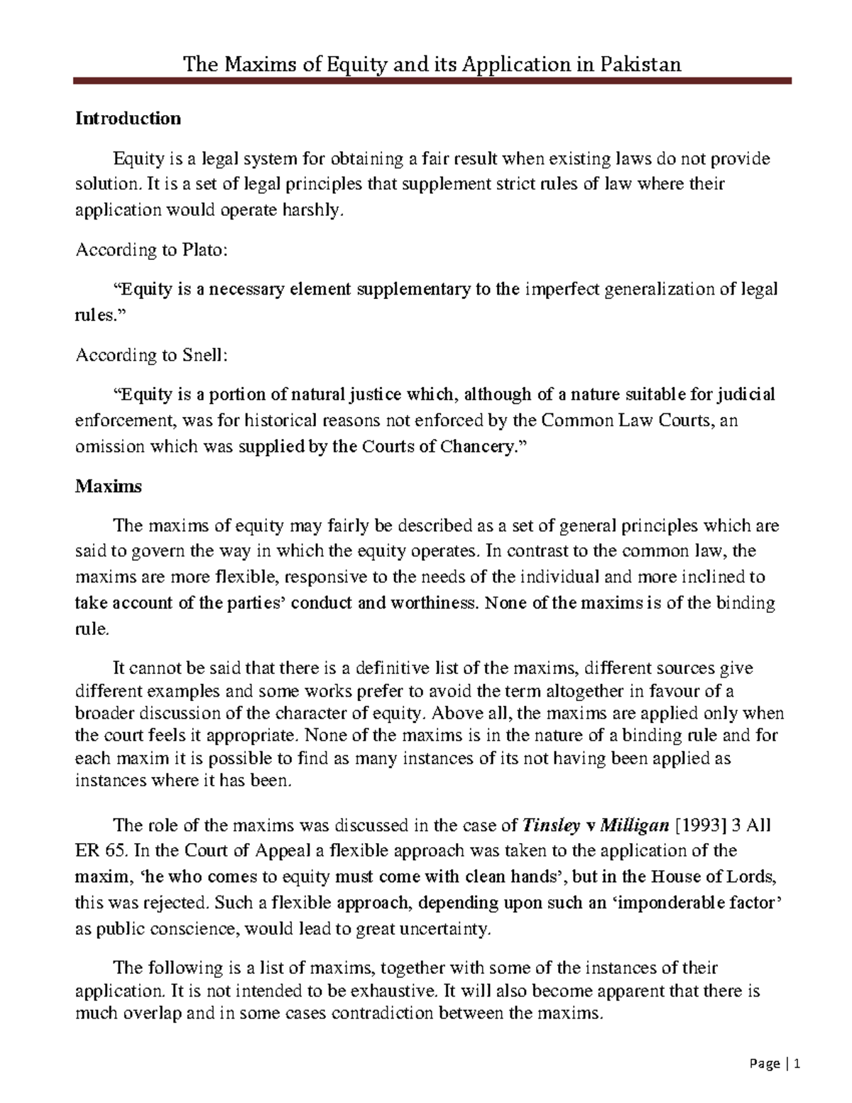 Maxims of Equity and its Applications in - Introduction Equity is a ...