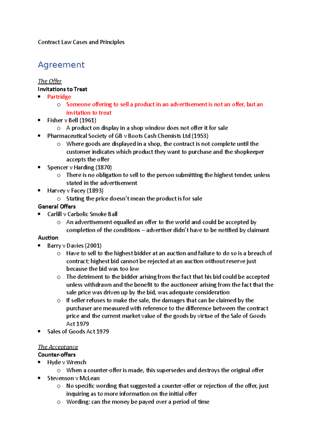 Formative Elements Case List - Contract Law Cases and Principles Agreement The Offer Invitations ...