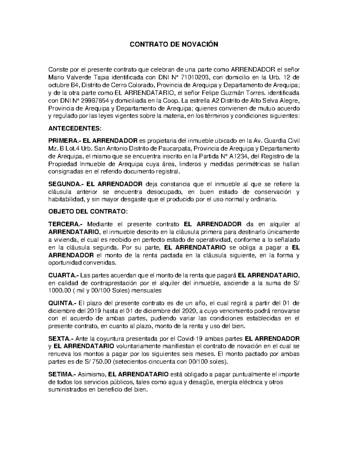 Contrato DE Novación - CONTRATO DE NOVACIÓN Conste por el presente ...