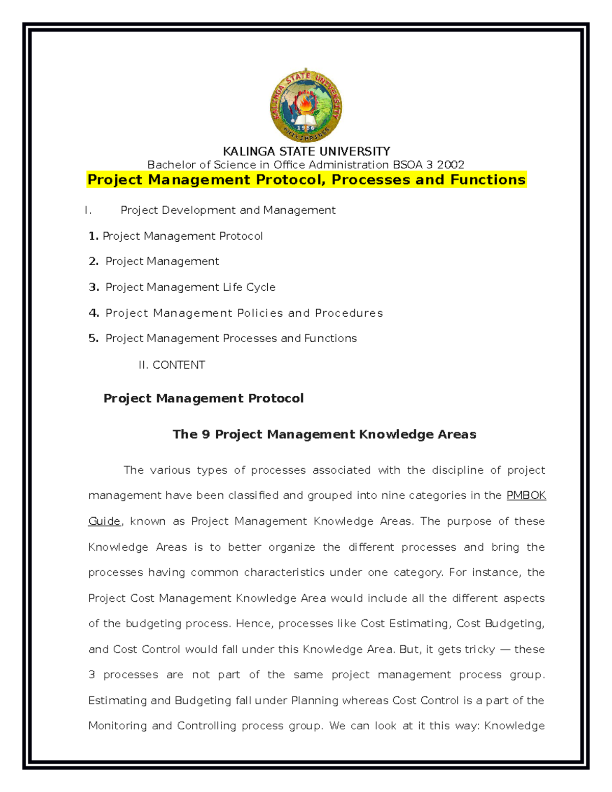 Project Management Protocol, Processes and Functions - Project ...