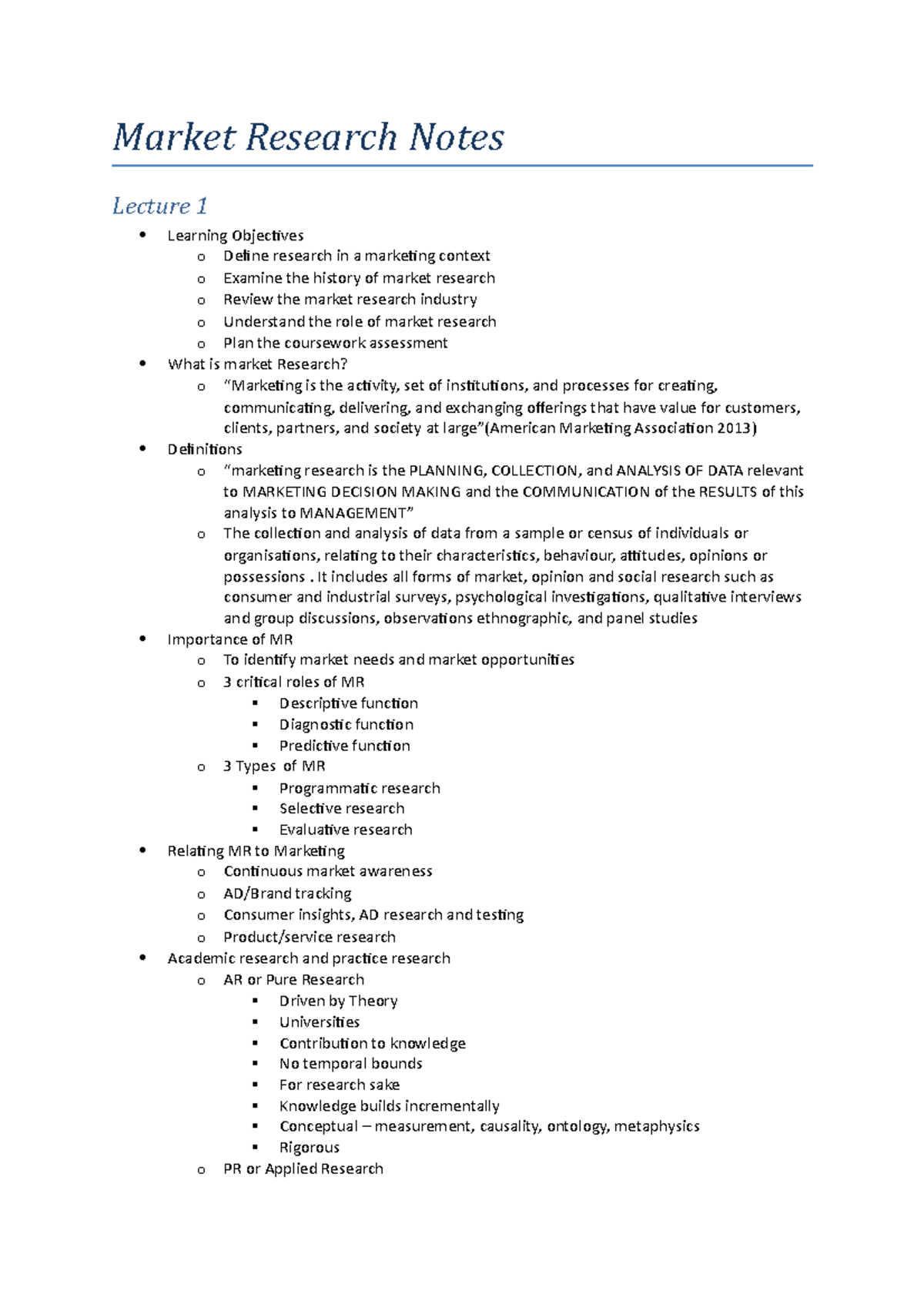 Market Research Notes - Lecturer: Andrew Farrell - Market Research ...