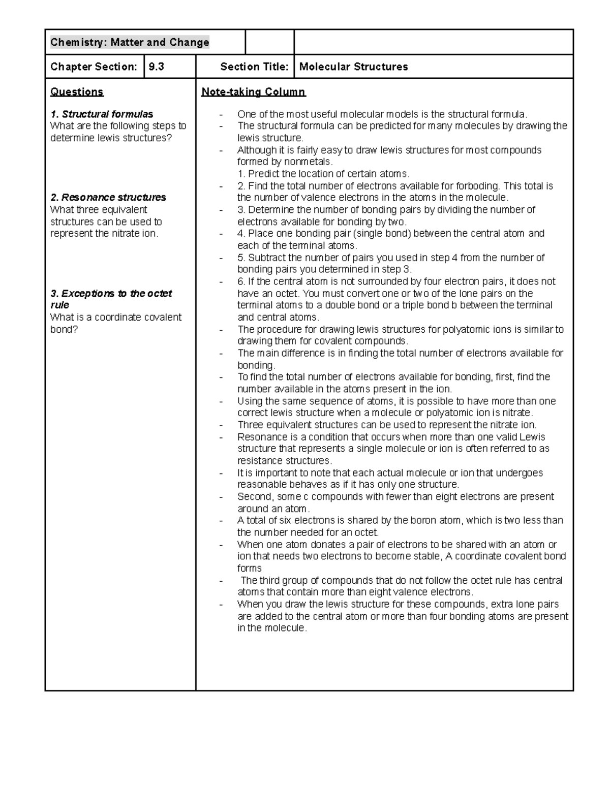Molecular Structures - Chemistry: Matter and Change Chapter Section: 9 ...