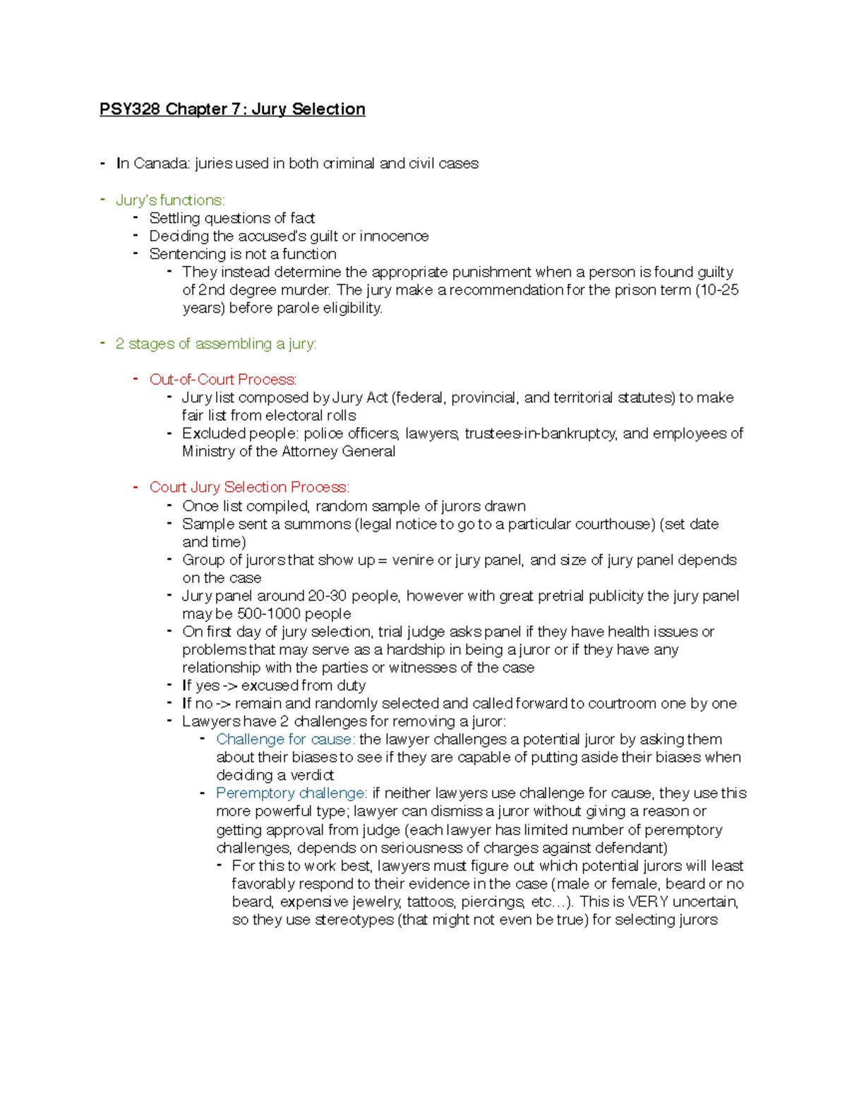 Chapter 7 Notes - PSY328 Chapter 7: Jury Selection - In Canada: juries ...