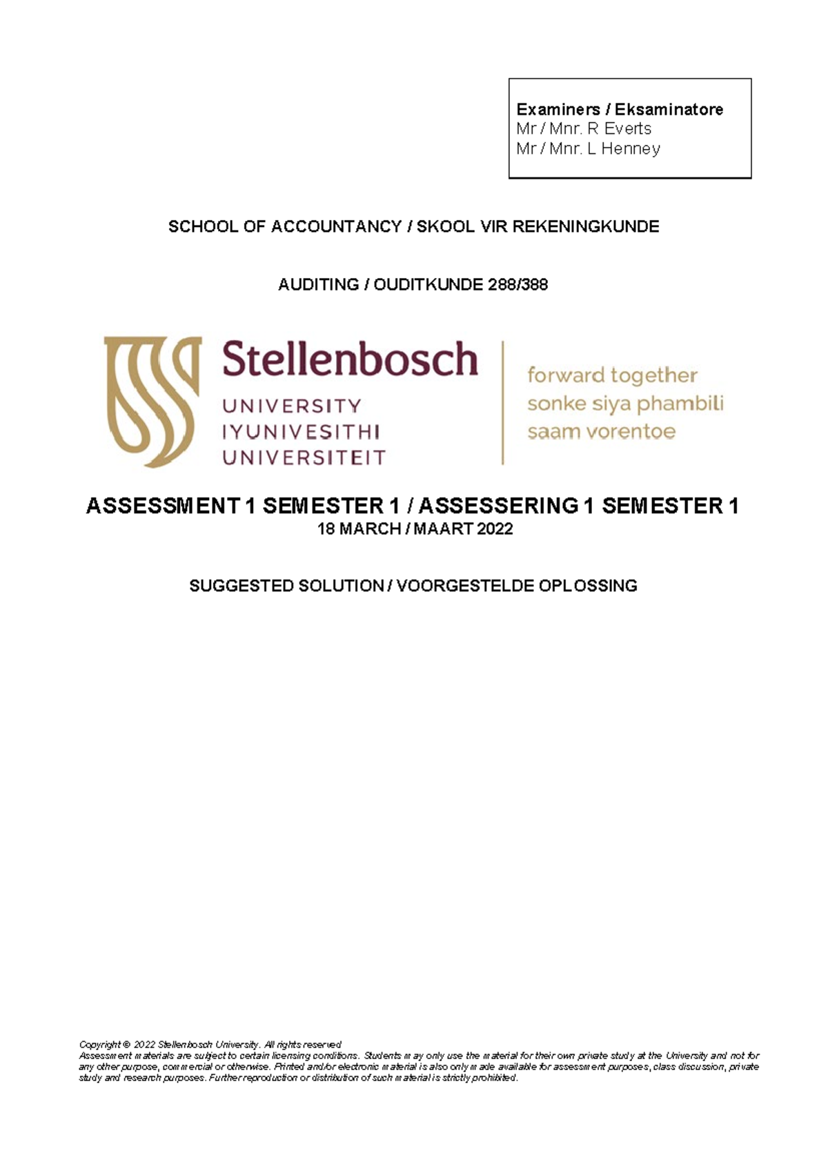 Auditing 288 388 A1S1 Solution Oplossing 2022 - SUNLearn - Copyright ...