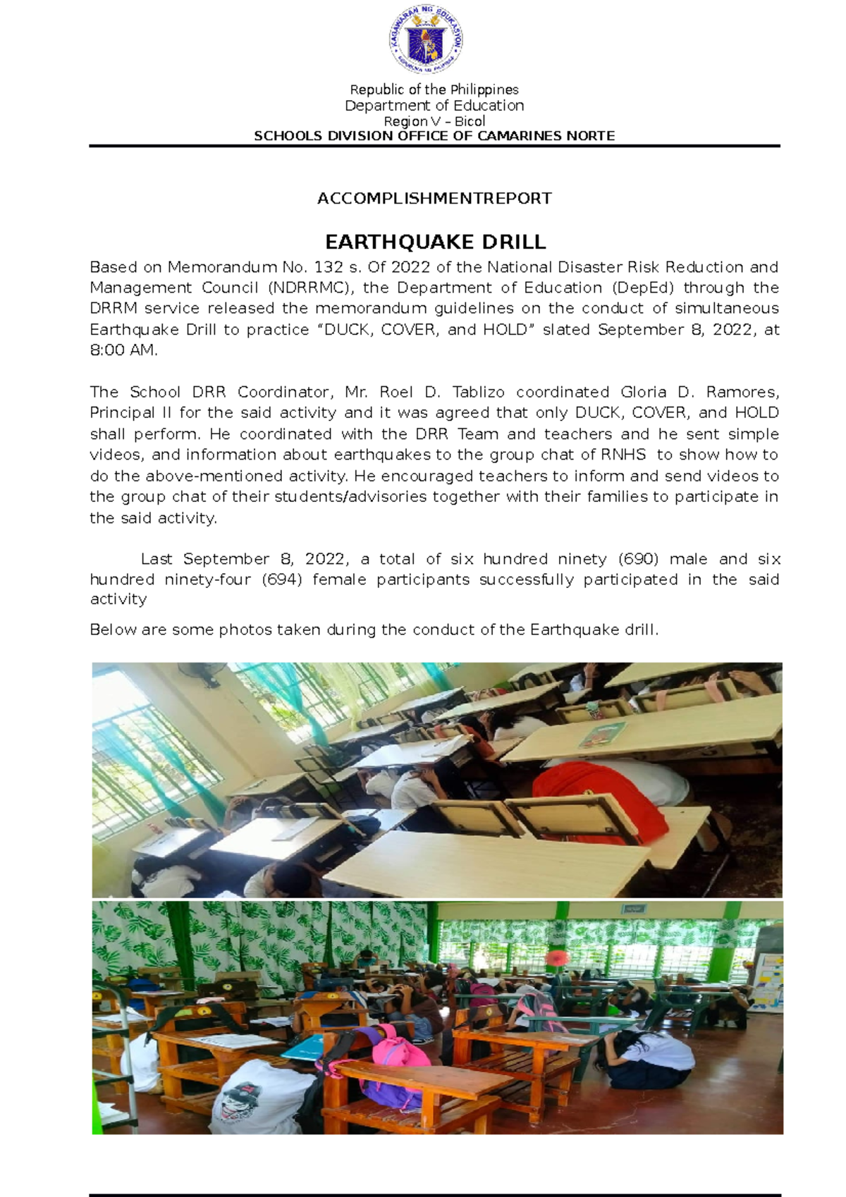 DRR-Narrative 08092022 - Republic of the Philippines Department of ...