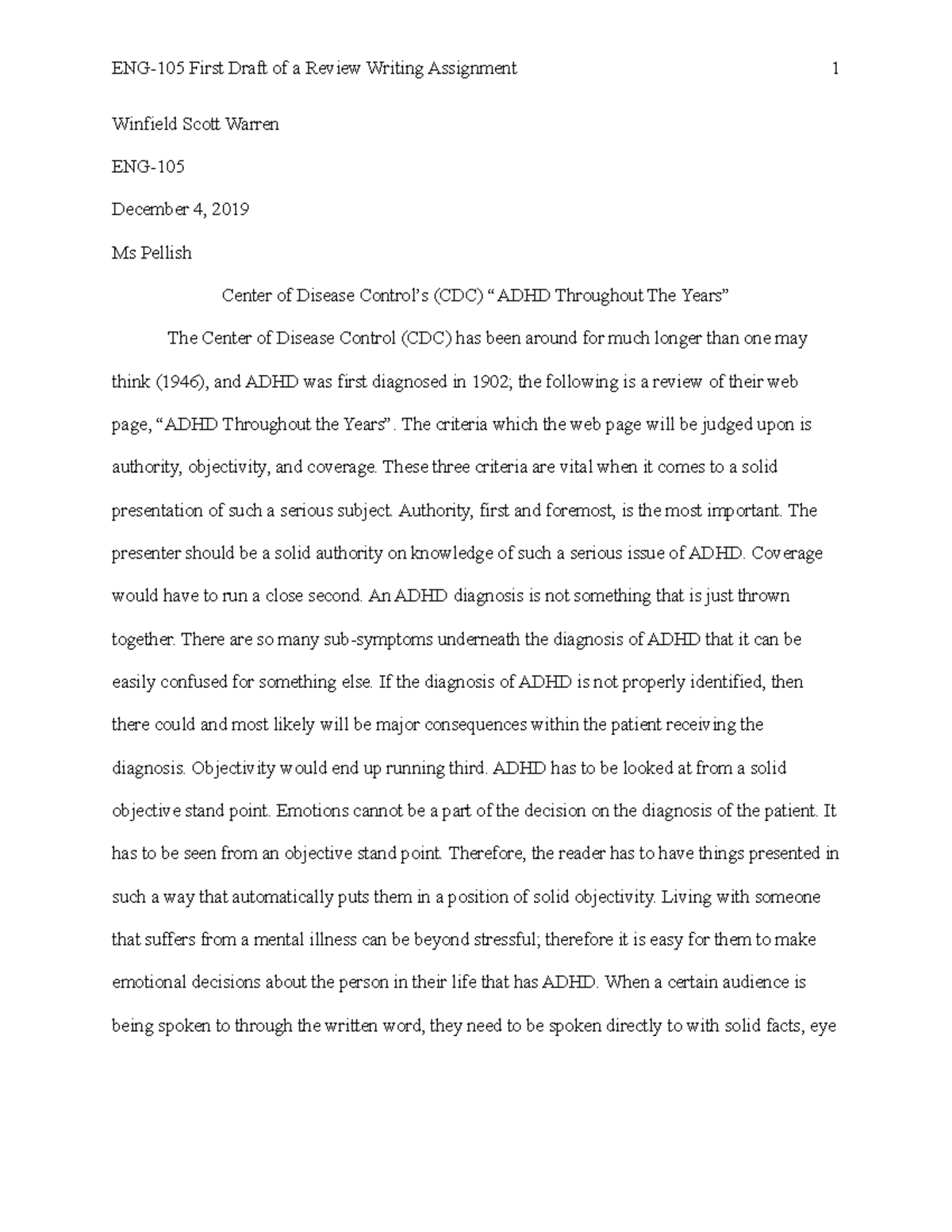 ENG-105 First Draft of a Review Writing Assignment Completed - Winfield ...