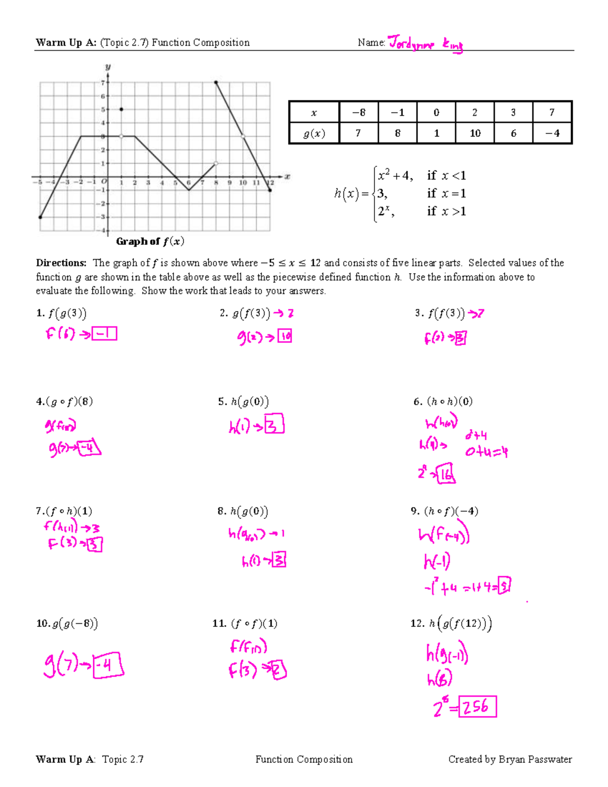 Warm+Up+A+-+Topic+2 - Warm Up A: Topic 2 Function Composition Created by Bryan Passwater Warm Up ...