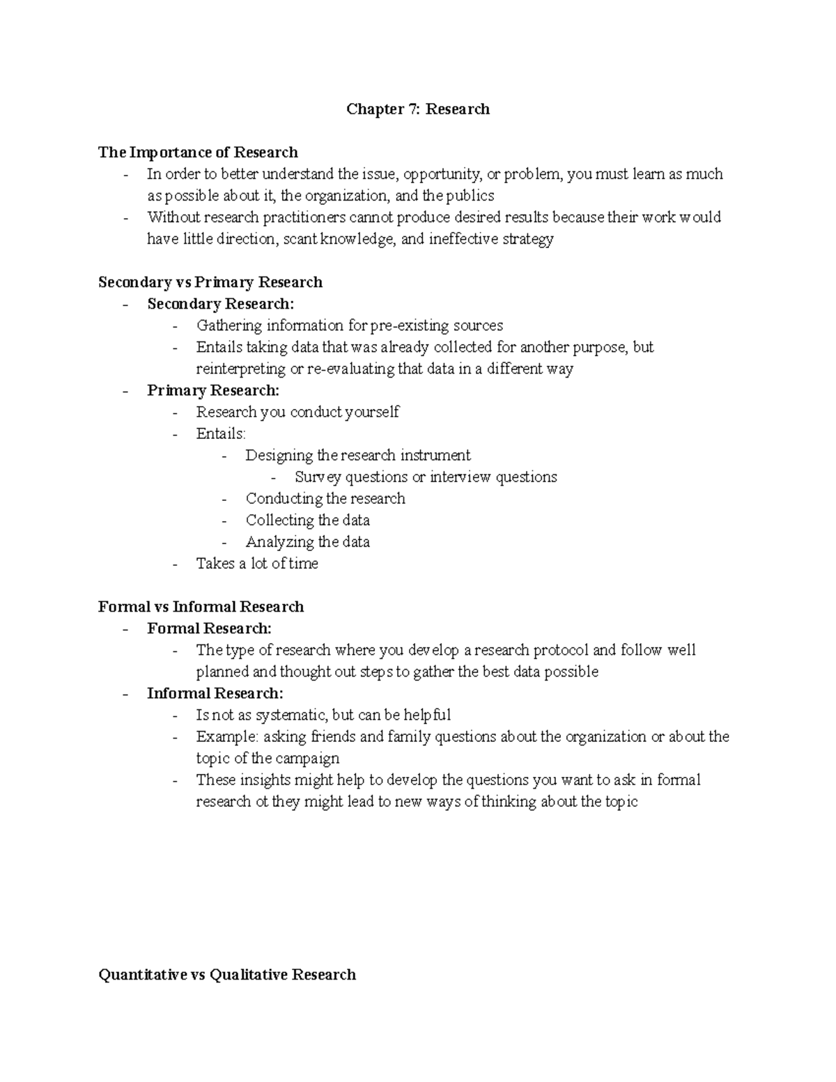 Chapter 7 Research - lecture notes - Chapter 7: Research The Importance ...