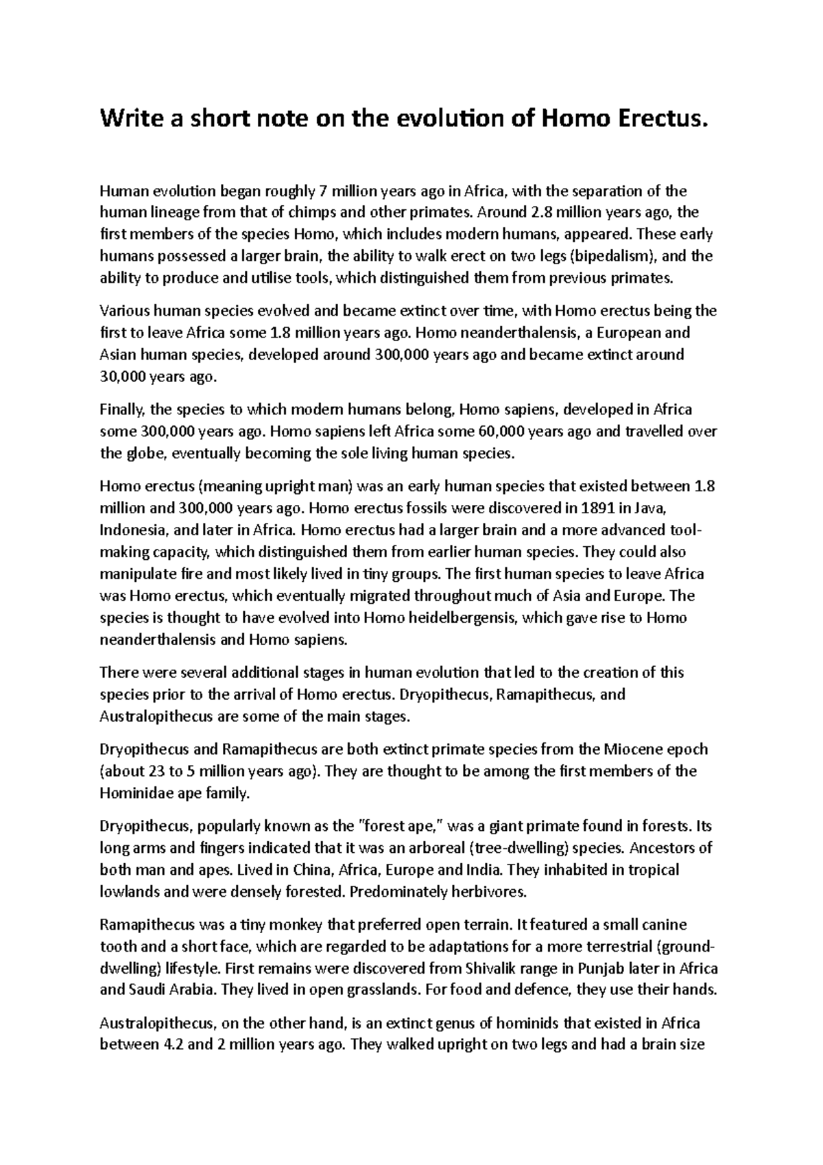 World History Homo Erectus - Write a short note on the evolution of ...