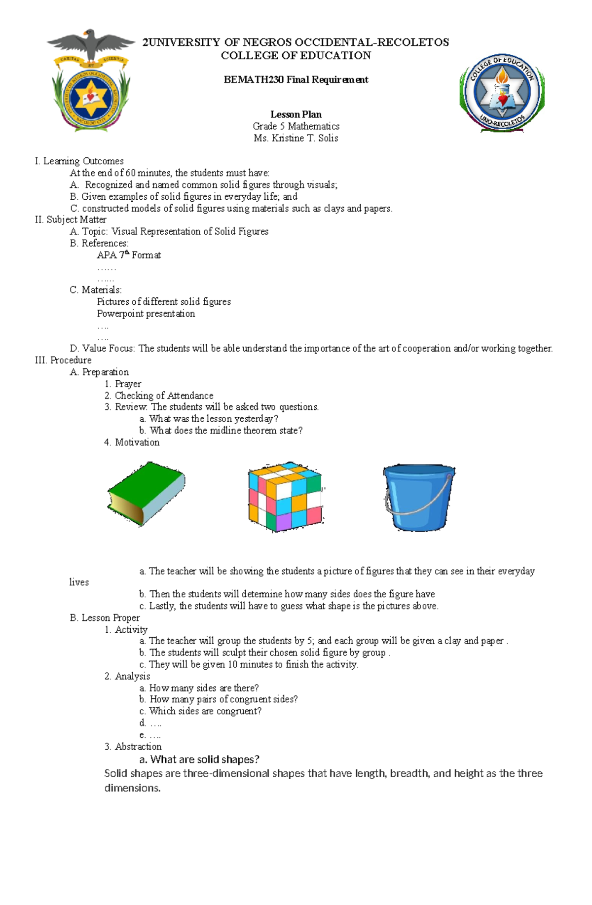 Bemath 230 Sample Lesson Plan format - 2UNIVERSITY OF NEGROS OCCIDENTAL ...