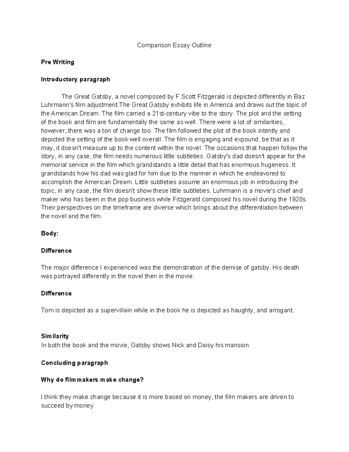 Essay planner - Comparison Essay Outline Pre Writing Introductory ...
