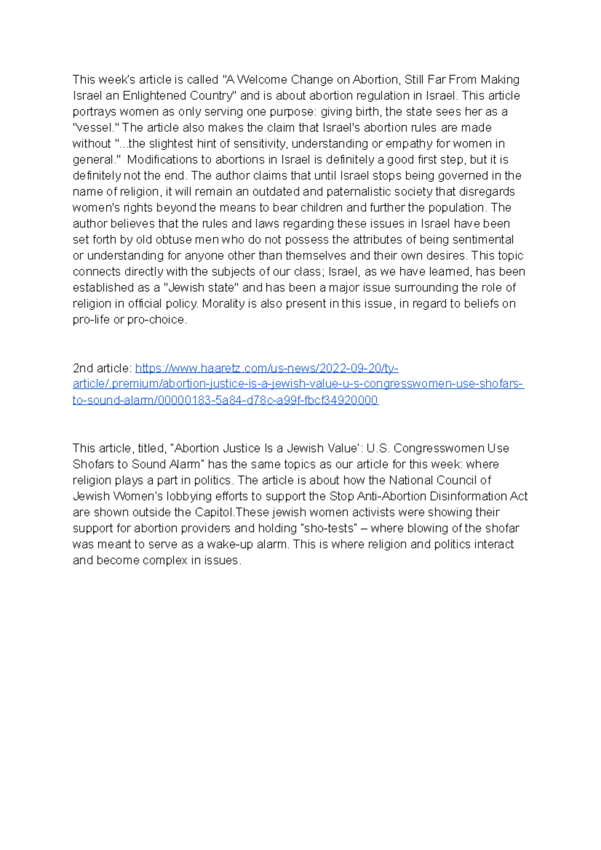 Ha'aretz Article Summary Week 13 - This week’s article is called "A ...