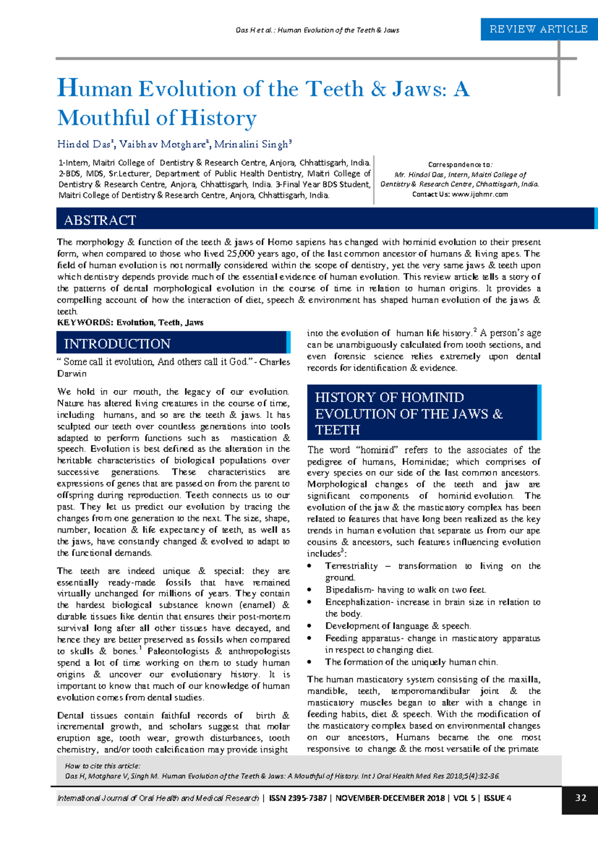 Human Evolution of the Teeth and Jaws A - Correspondence to: Mr. Hindol ...