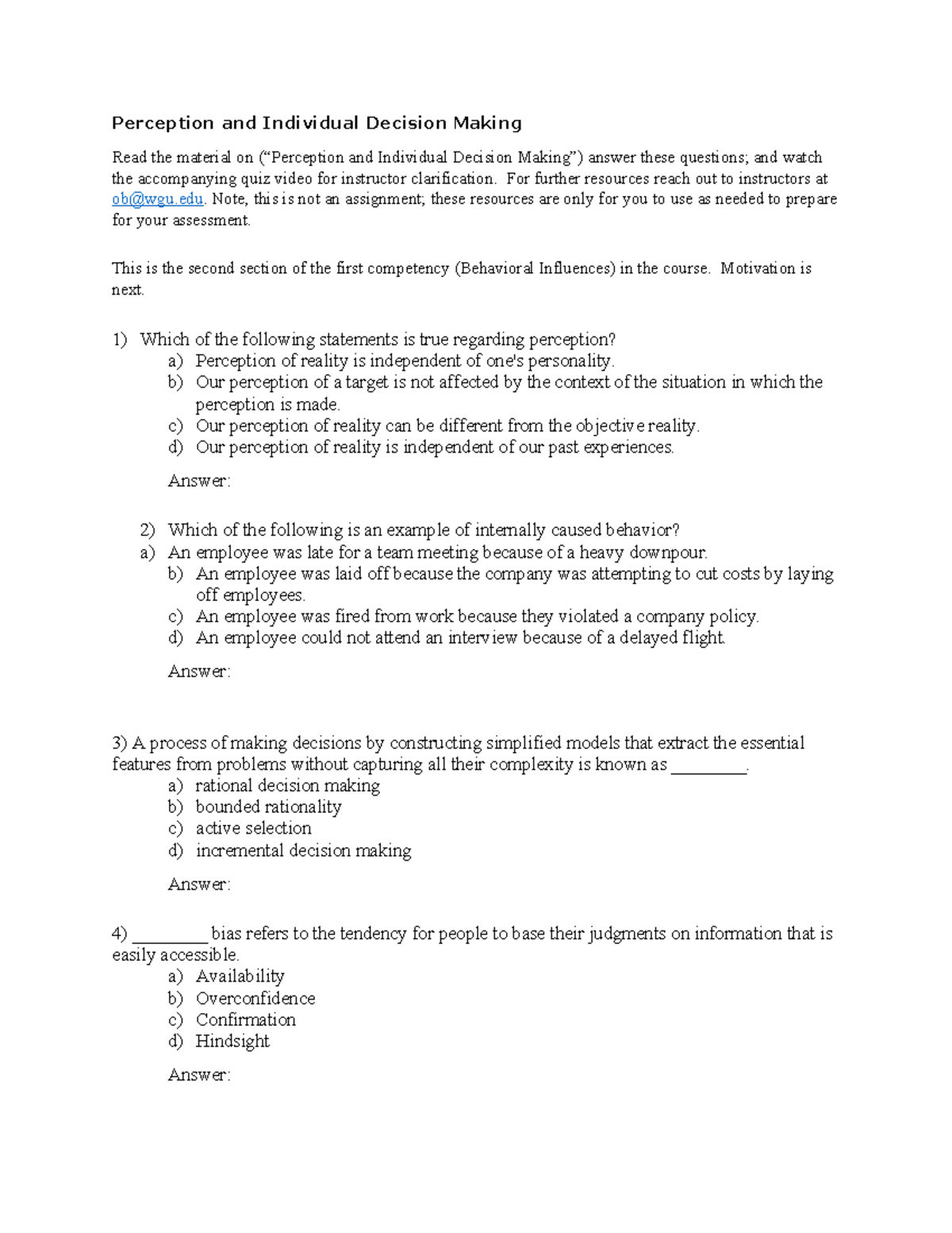 Perception and individual decision making multiple choice questions - Perception and Individual ...